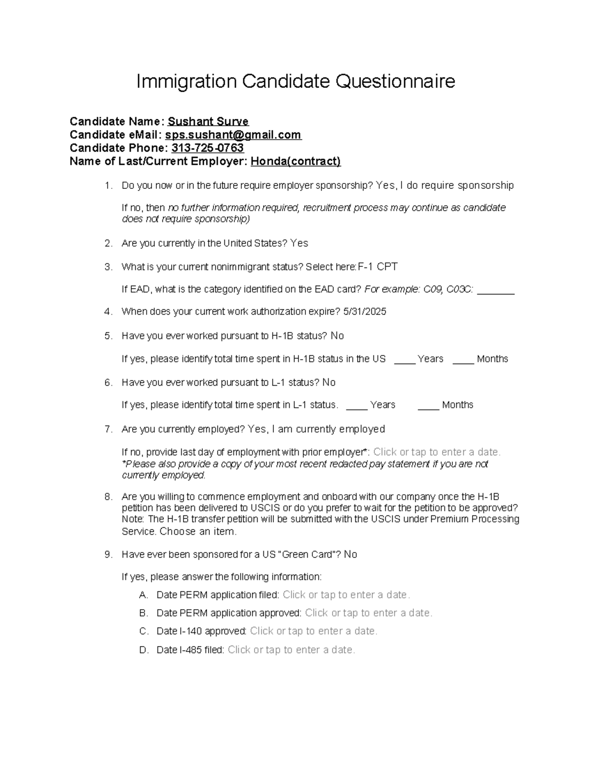 Allegis Candidate Questionnaire 2023 Sushant - Immigration Candidate ...