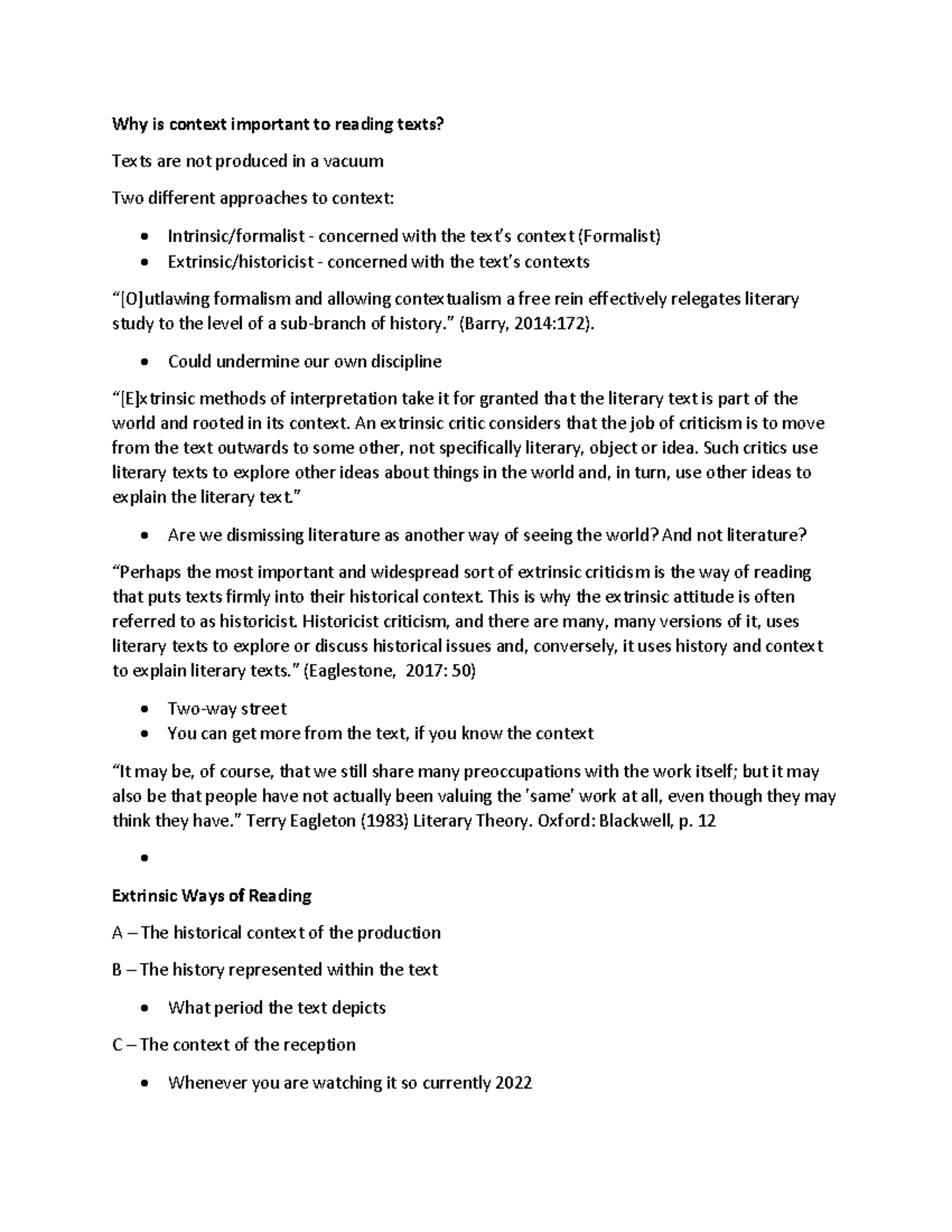 Why is context important to reading texts - ” (Barry, 2014:172). Could ...