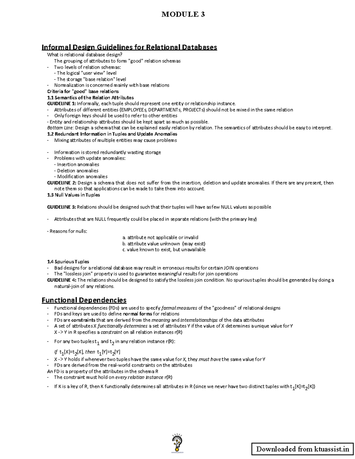 Module-3 DBMS CS208 Notes [ktuassist - Informal Design Guidelines for ...