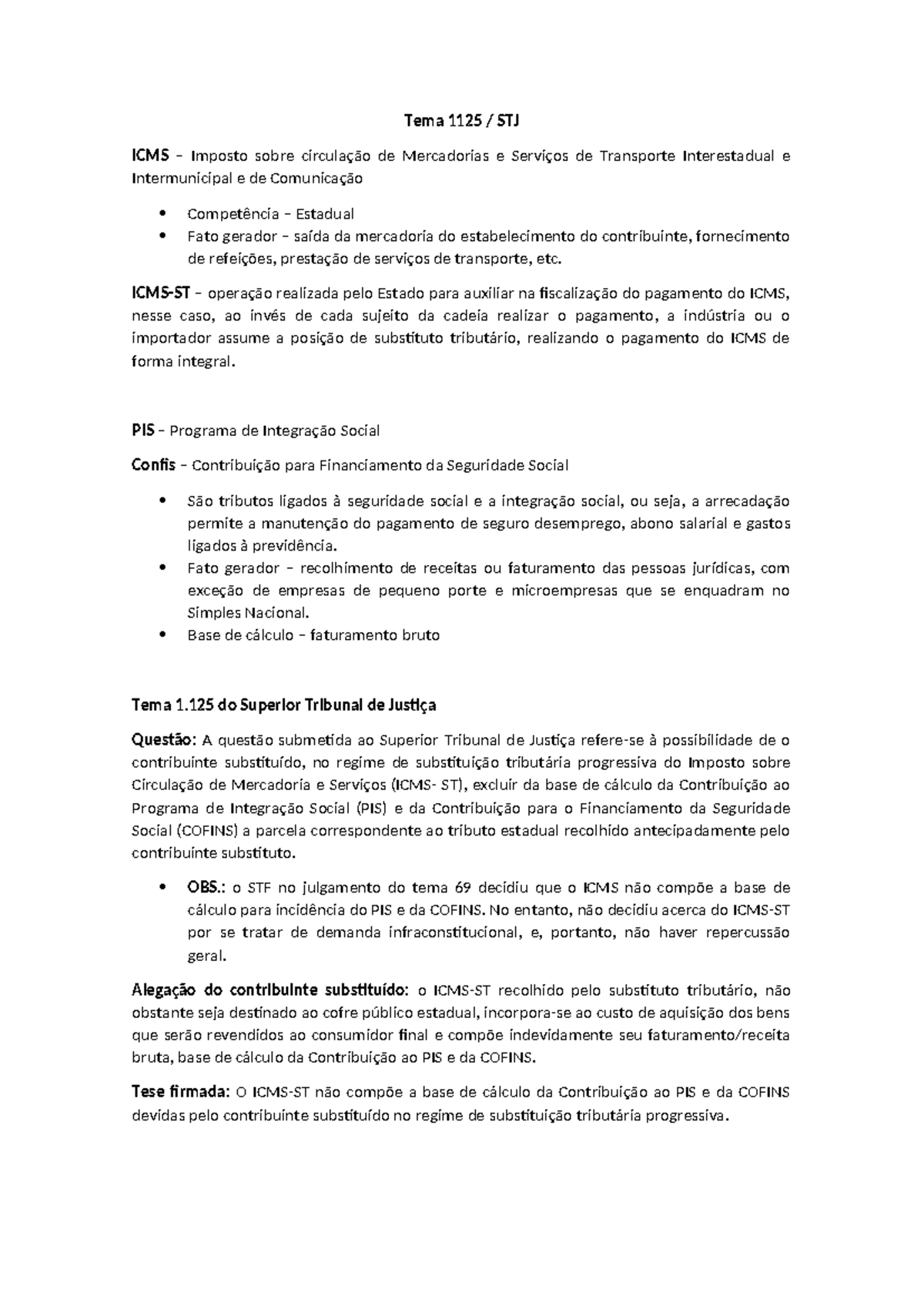 Tema 1125 -STJ - Tema 1125 / STJ ICMS – Imposto sobre circulação de ...