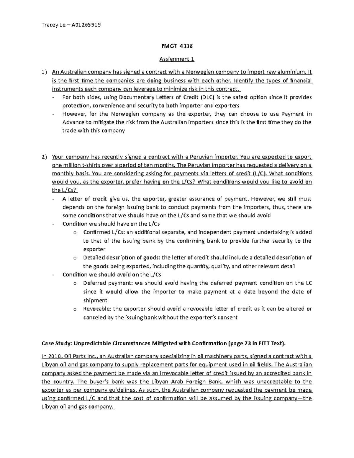 FMGT 4336 - Assignment 1-Tracey Le - Tracey Le – A FMGT 4336 Assignment 1 An Australian company ...