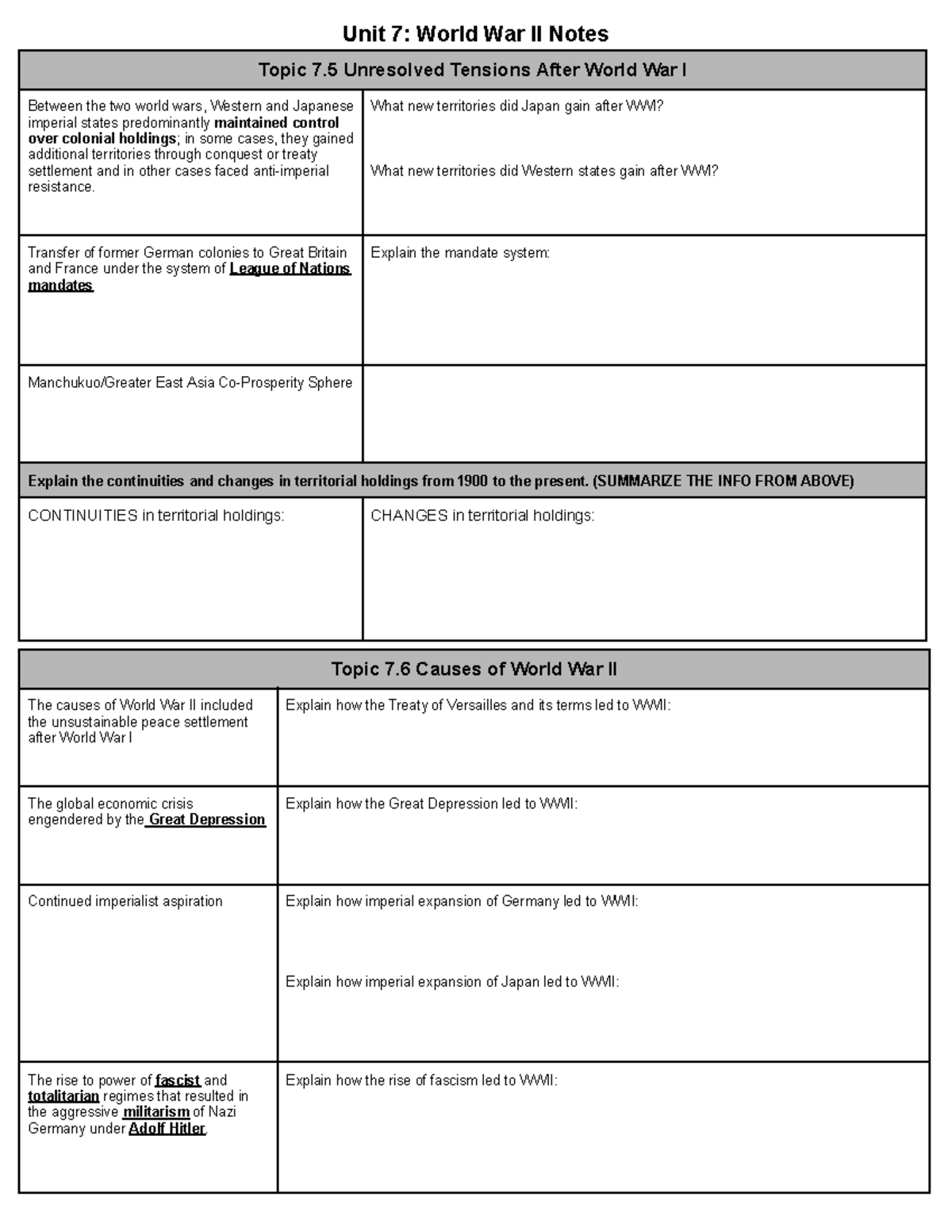 Unit 7 WWII Guided Notes - Unit 7: World War II Notes Topic 7 ...