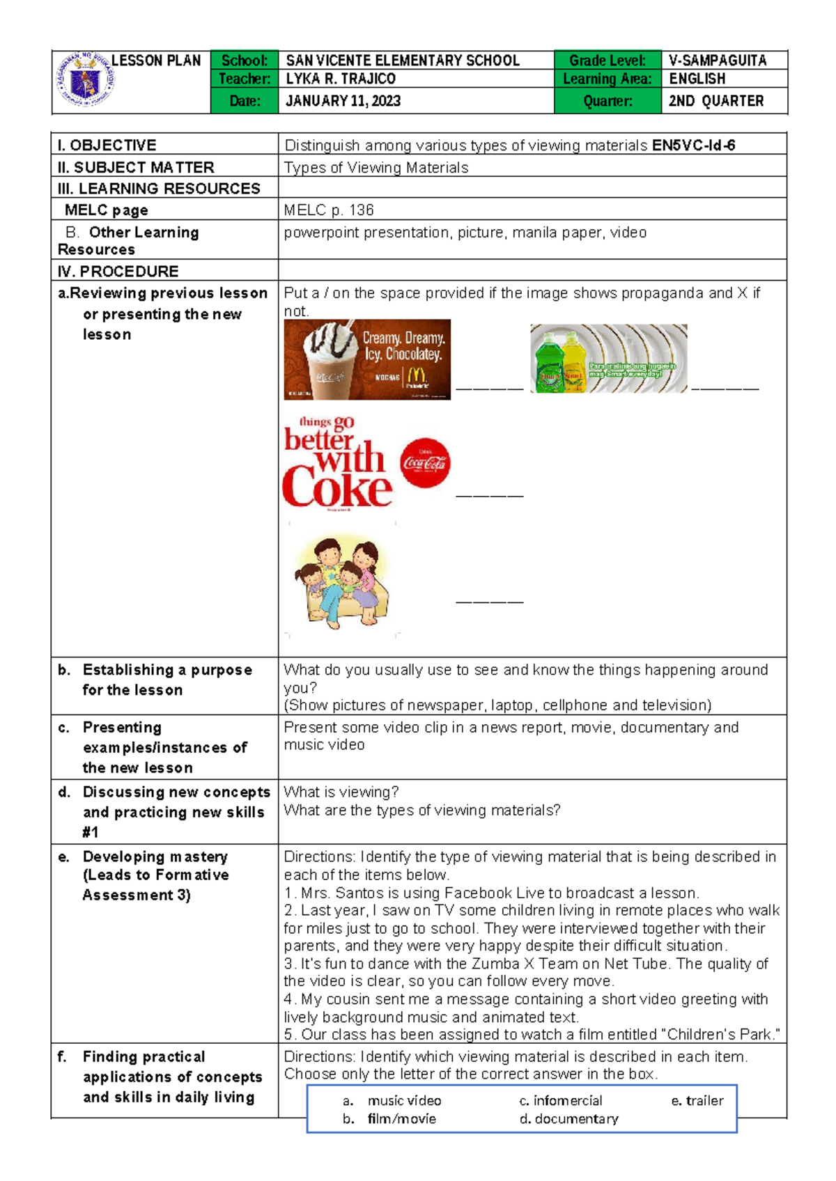 LP Observation English-MELC - LESSON PLAN School: SAN VICENTE ...