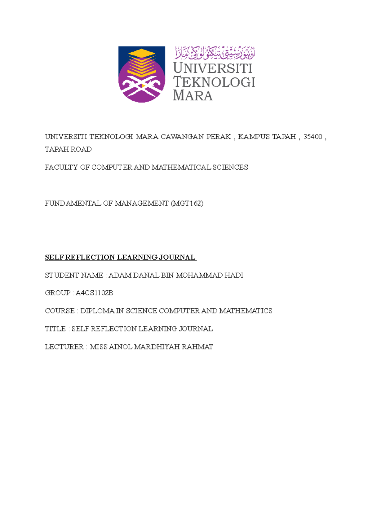 Self reflection MGT162 - UNIVERSITI TEKNOLOGI MARA CAWANGAN PERAK ...