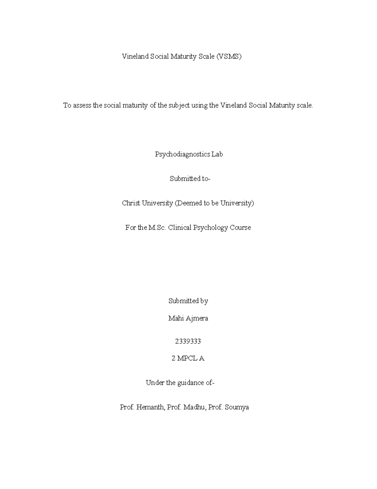 Vineland Social Maturity Scale (VSMS) - Psychodiagnostics Lab Submitted ...