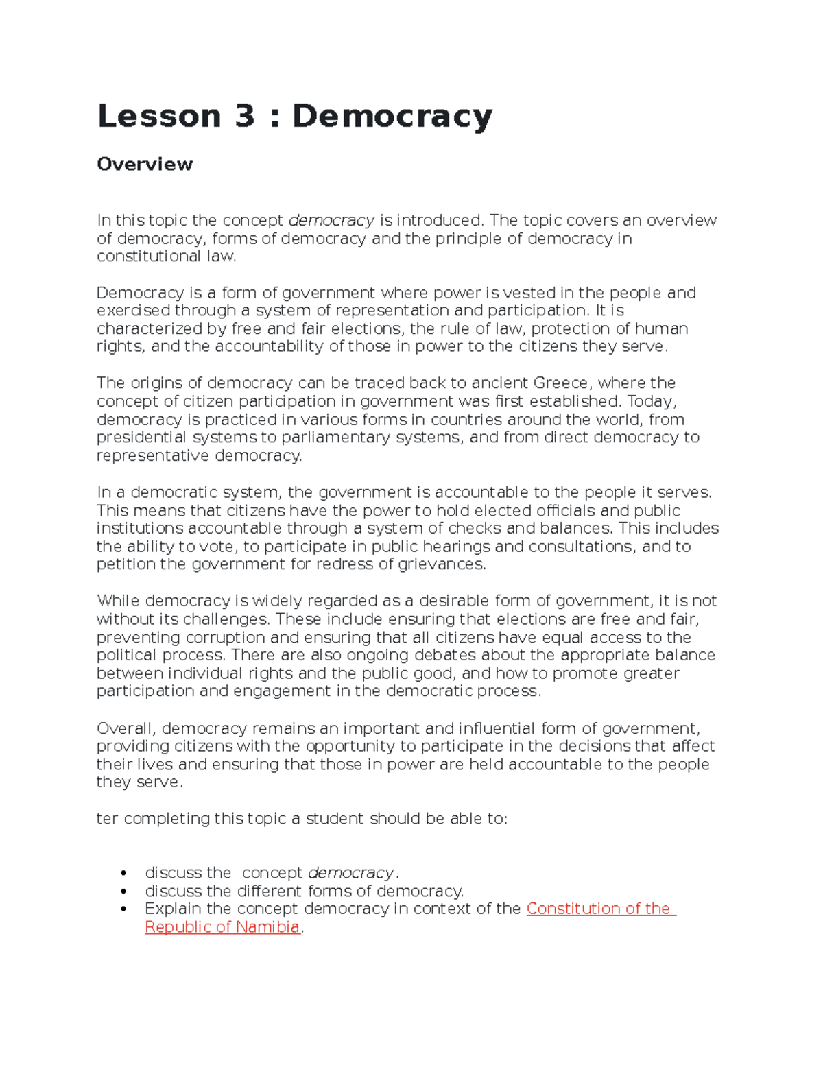 Lesson 3 - Lesson 3 : Democracy Overview In this topic the concept ...