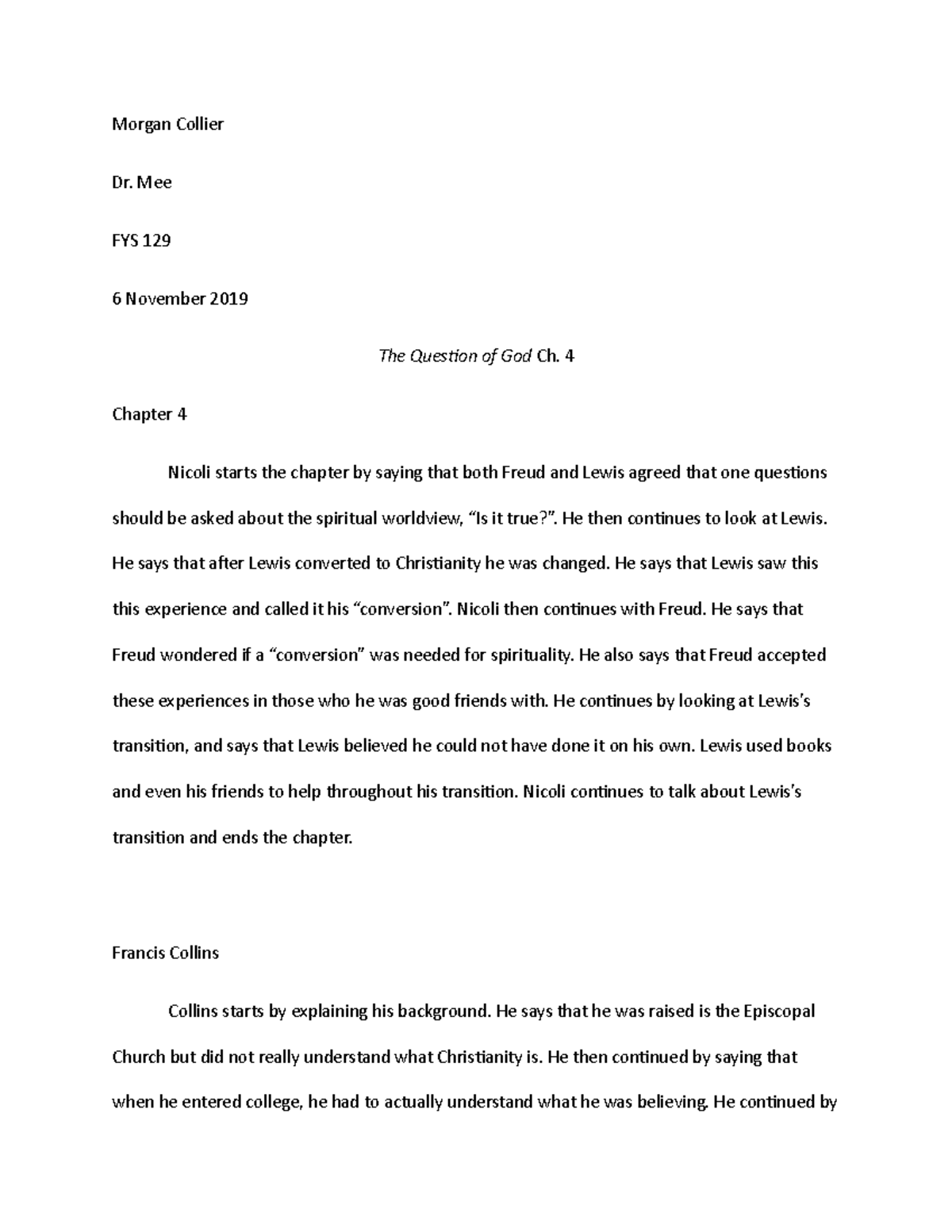 The Question of God CH4 - Reading assignment - Morgan Collier Dr. Mee ...