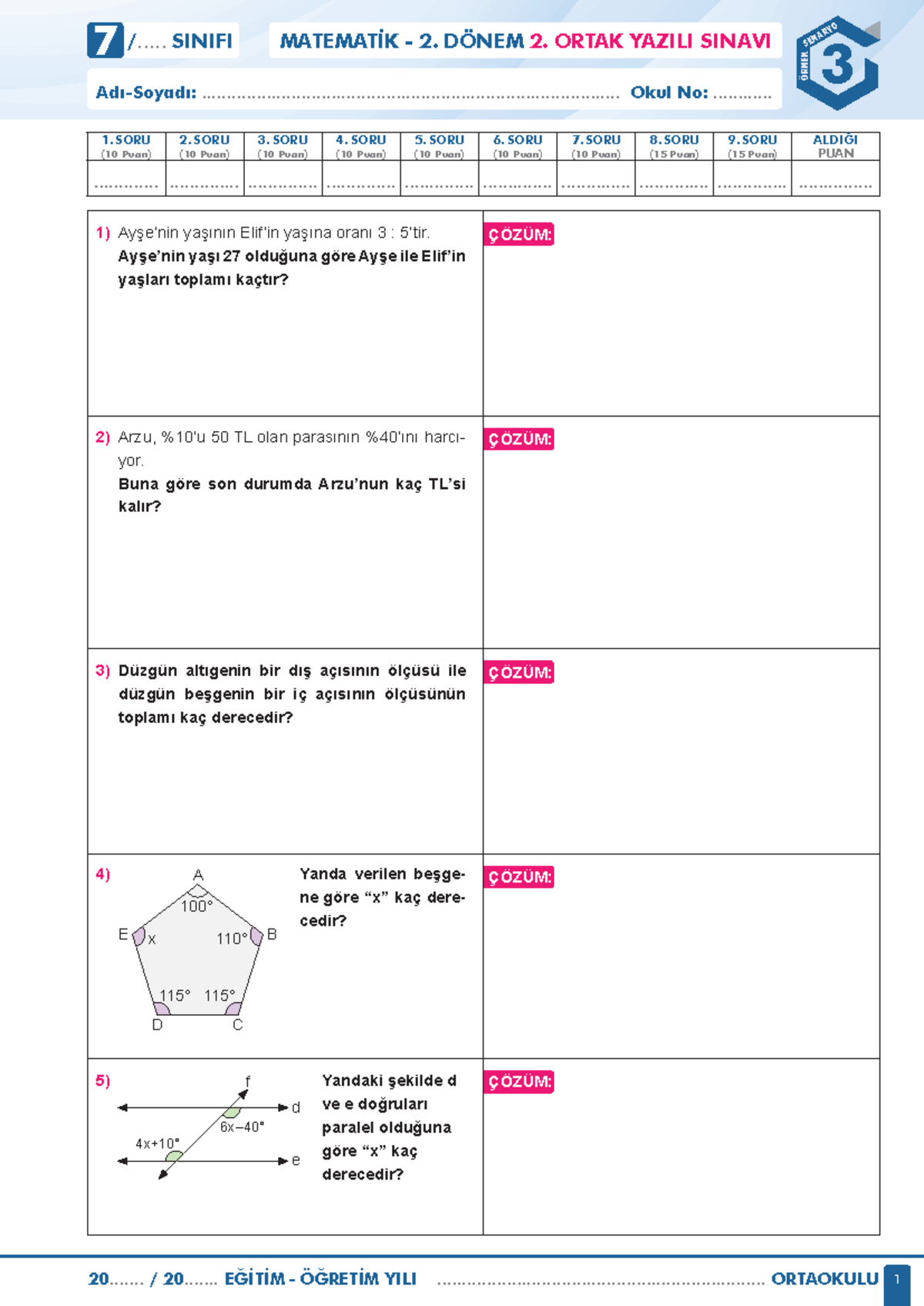 7 mat ornek yazili 2 2 (01-02) - 20 ....... / 20....... EĞİTİM - ÖĞRETİM YILI 7 /..... SINIFI ...