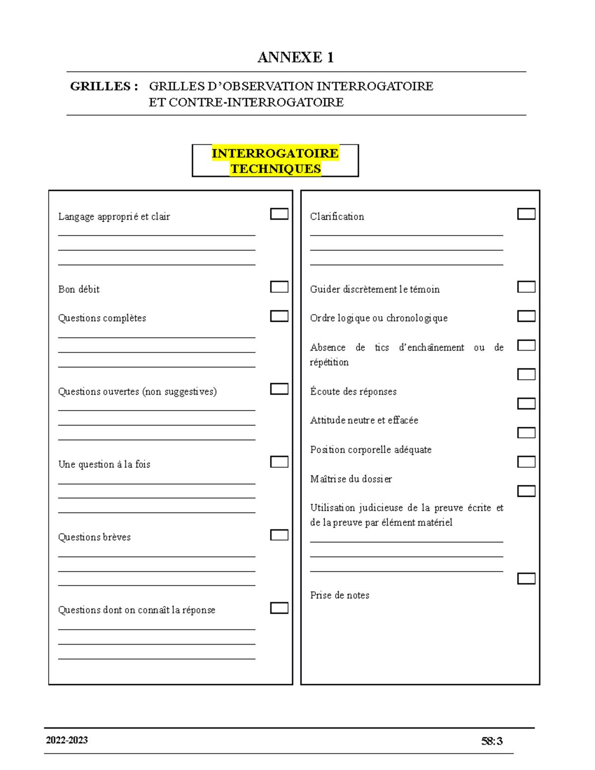 Annexe 1 - Grille d'observation interrogatoire et contre-interrogatoire ...