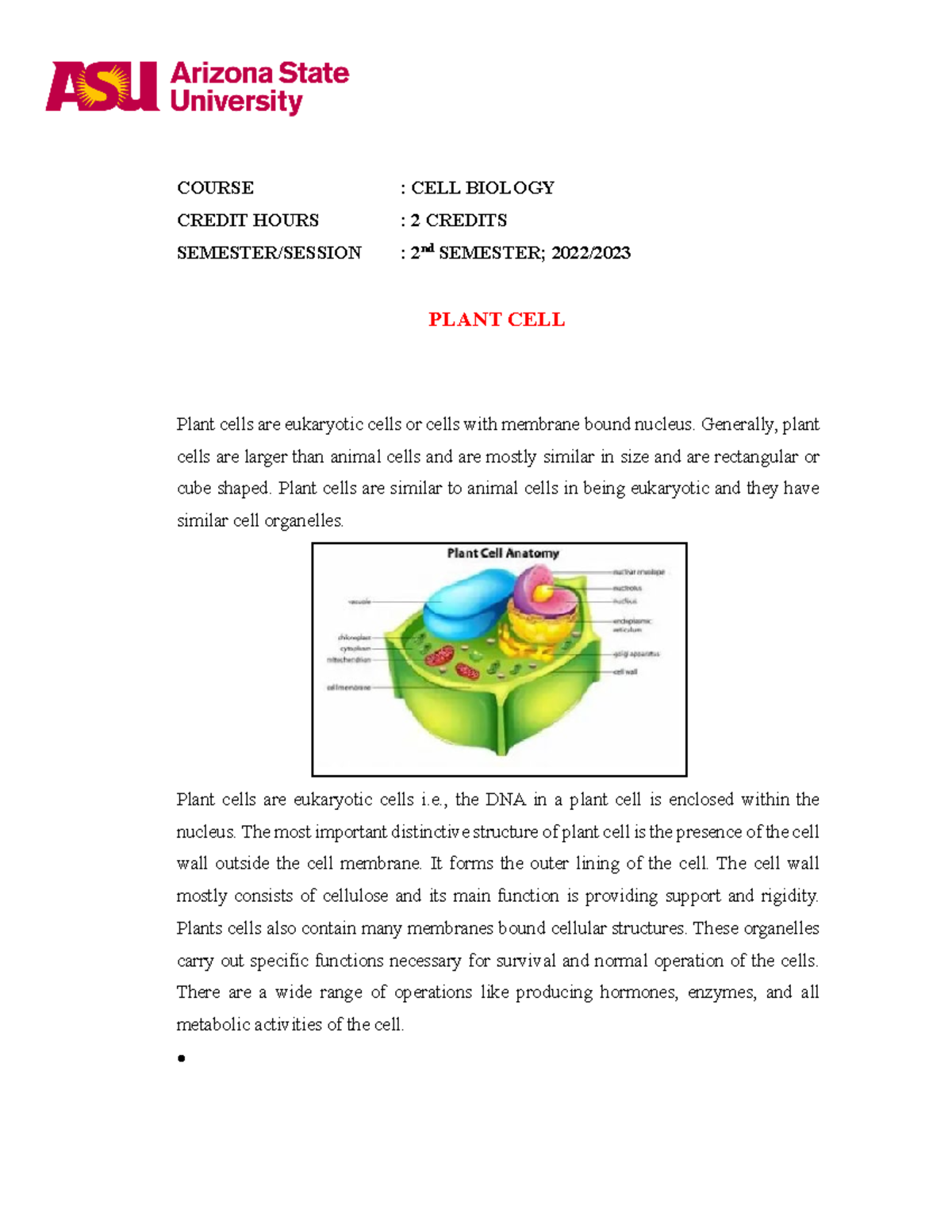 Lecturer Notes Plant CELL - COURSE : CELL BIOLOGY CREDIT HOURS : 2 ...