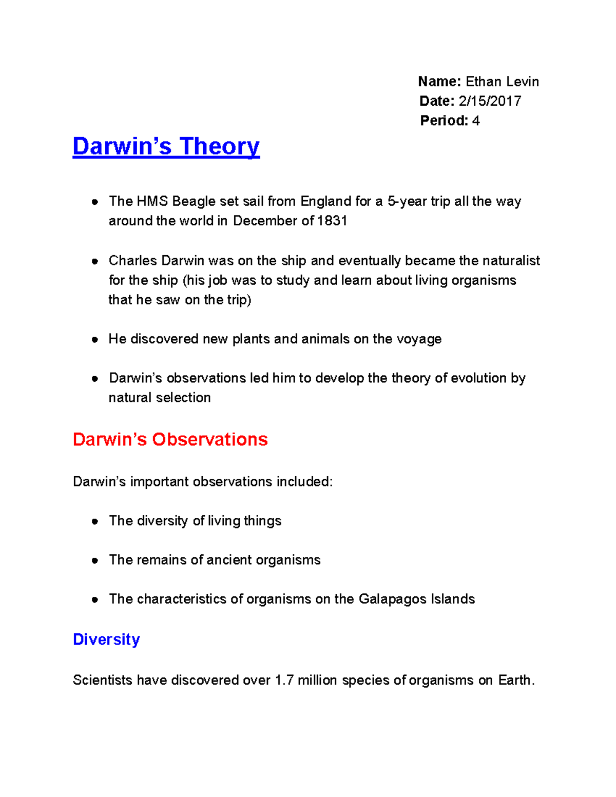 Darwin’s Theory Notes - Name: Ethan Levin Date: Period: 2/15/2017 4 ...