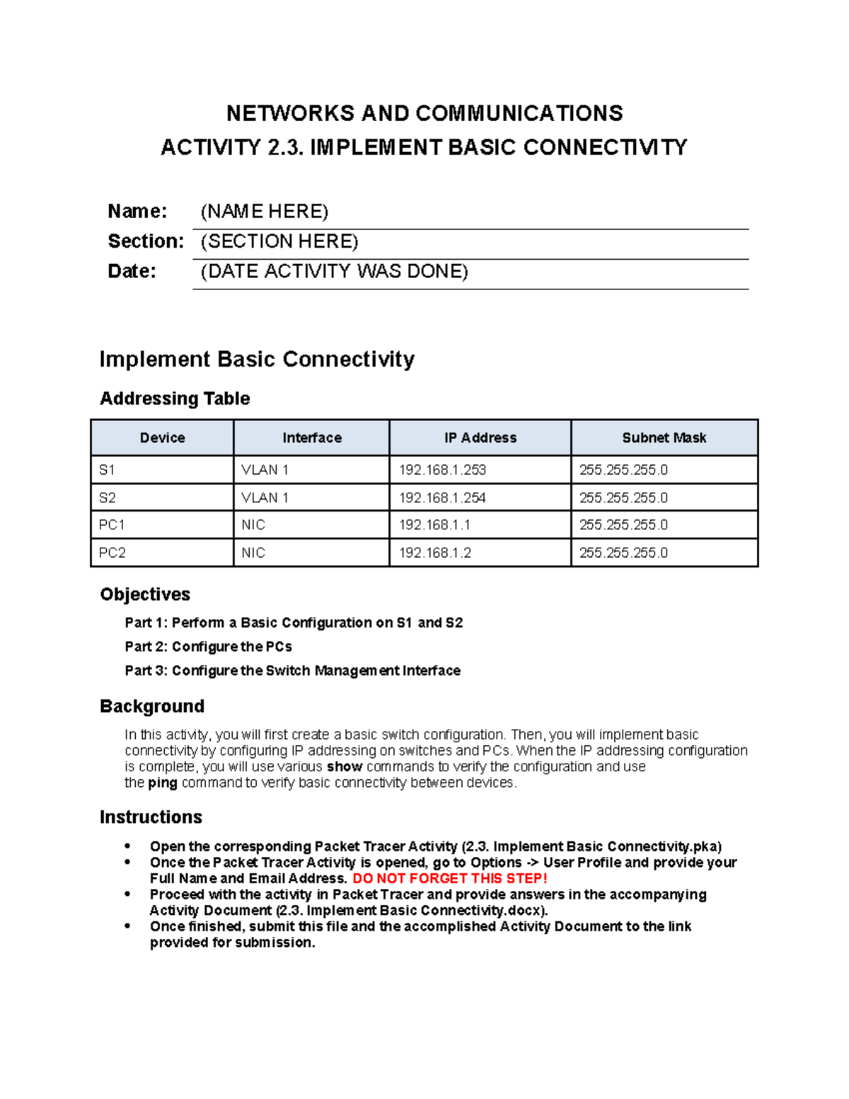 23 Implement Basic Connectivity Networks And Communications Activity 2 Implement Basic