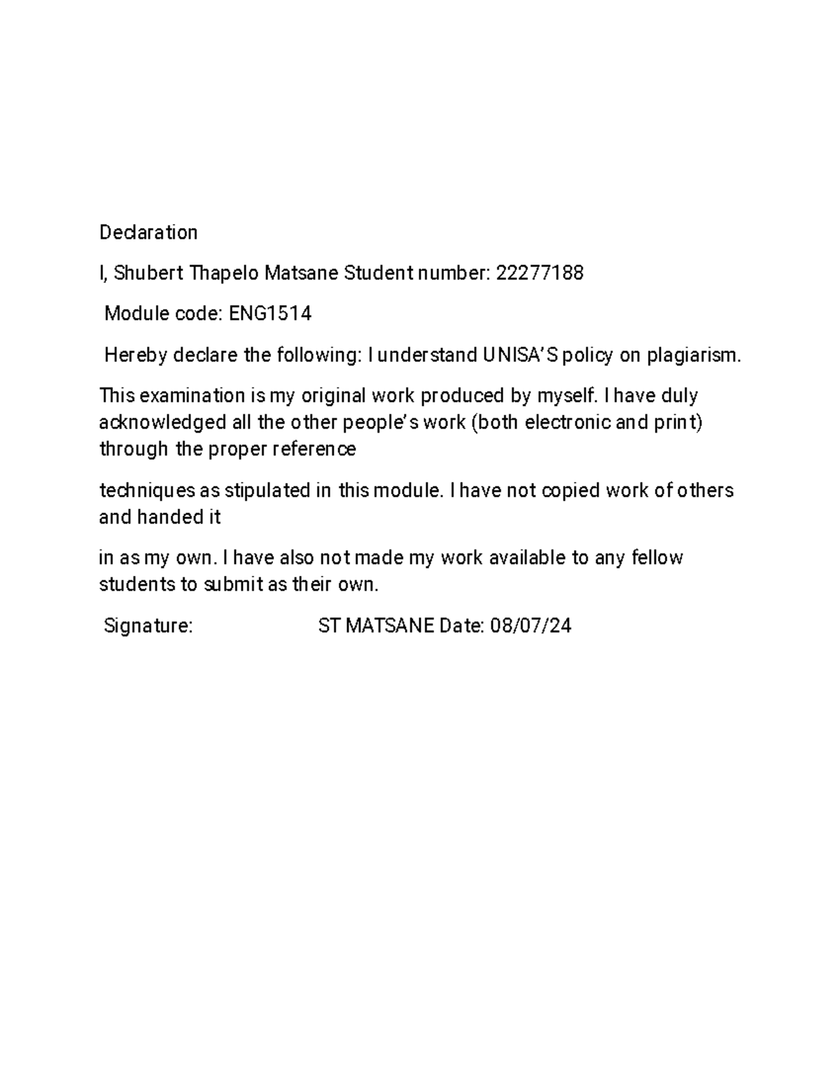 Eng - ENG assignment - Declaration I,ShubertThapeloMatsaneStudentnumber ...