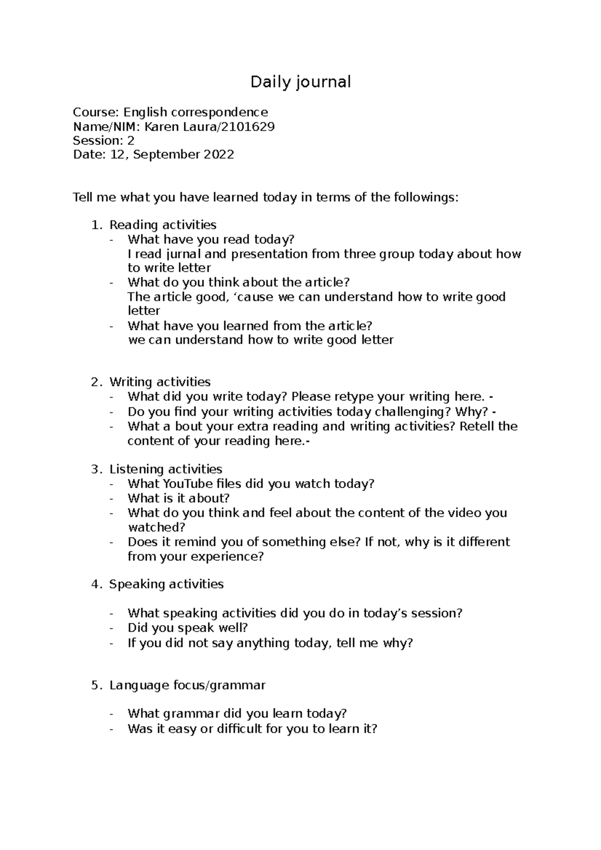 Daily journal at English Course to reflect student's understanding ...