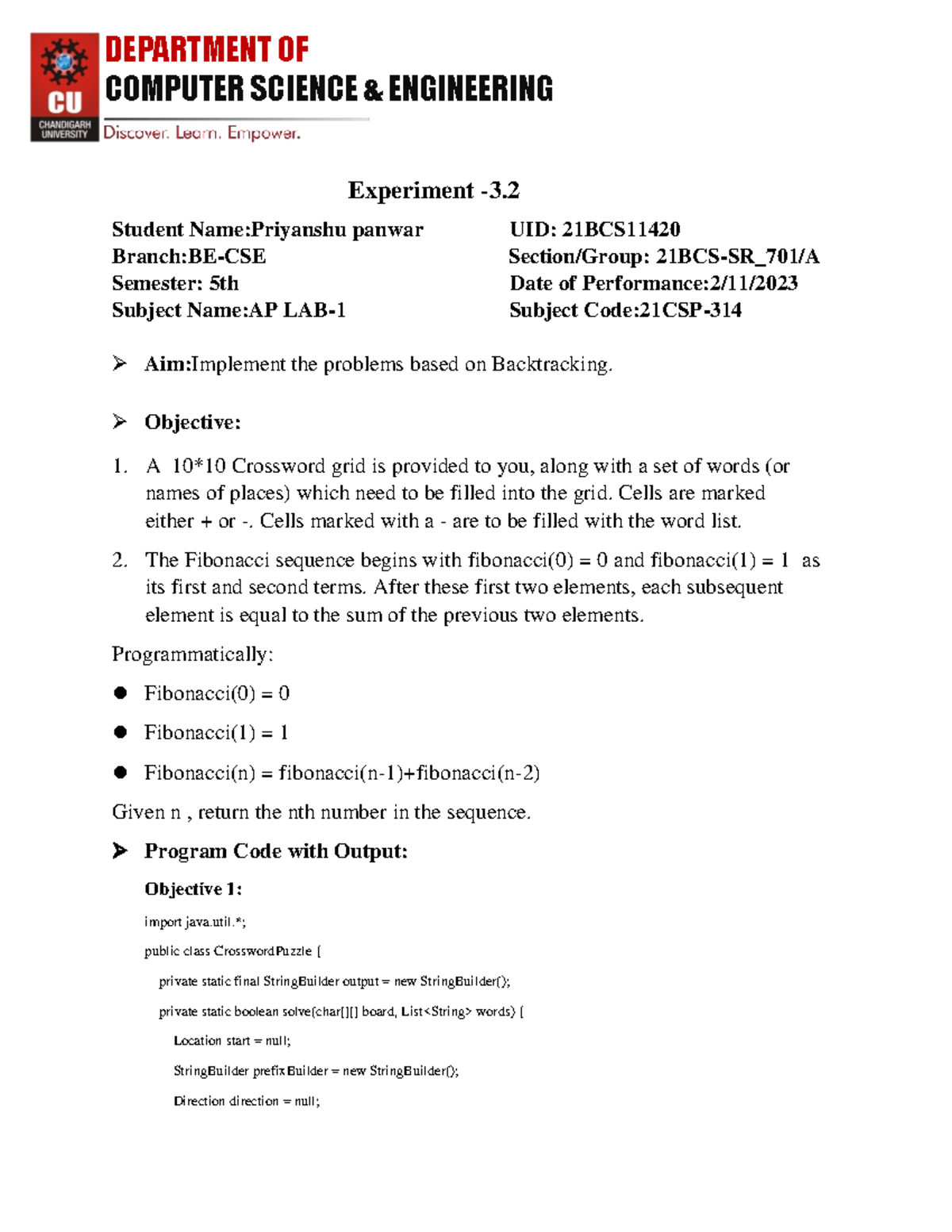 3 - Ap worksheet - COMPUTER SCIENCE & ENGINEERING Experiment - 3. 2 Student Name:Priyanshu - Studocu
