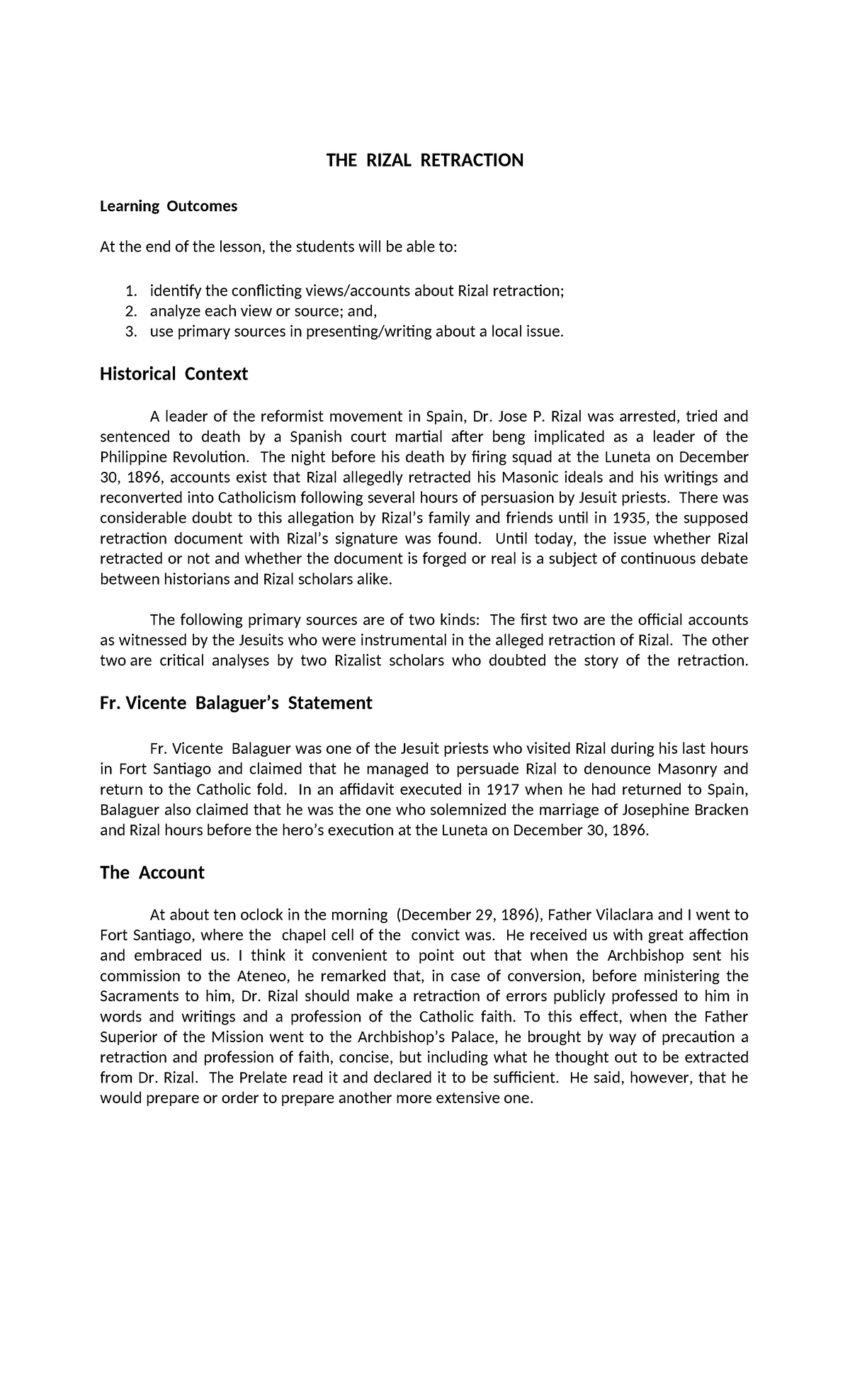 Retraction of Rizal - THE RIZAL RETRACTION Learning Outcomes At the end ...