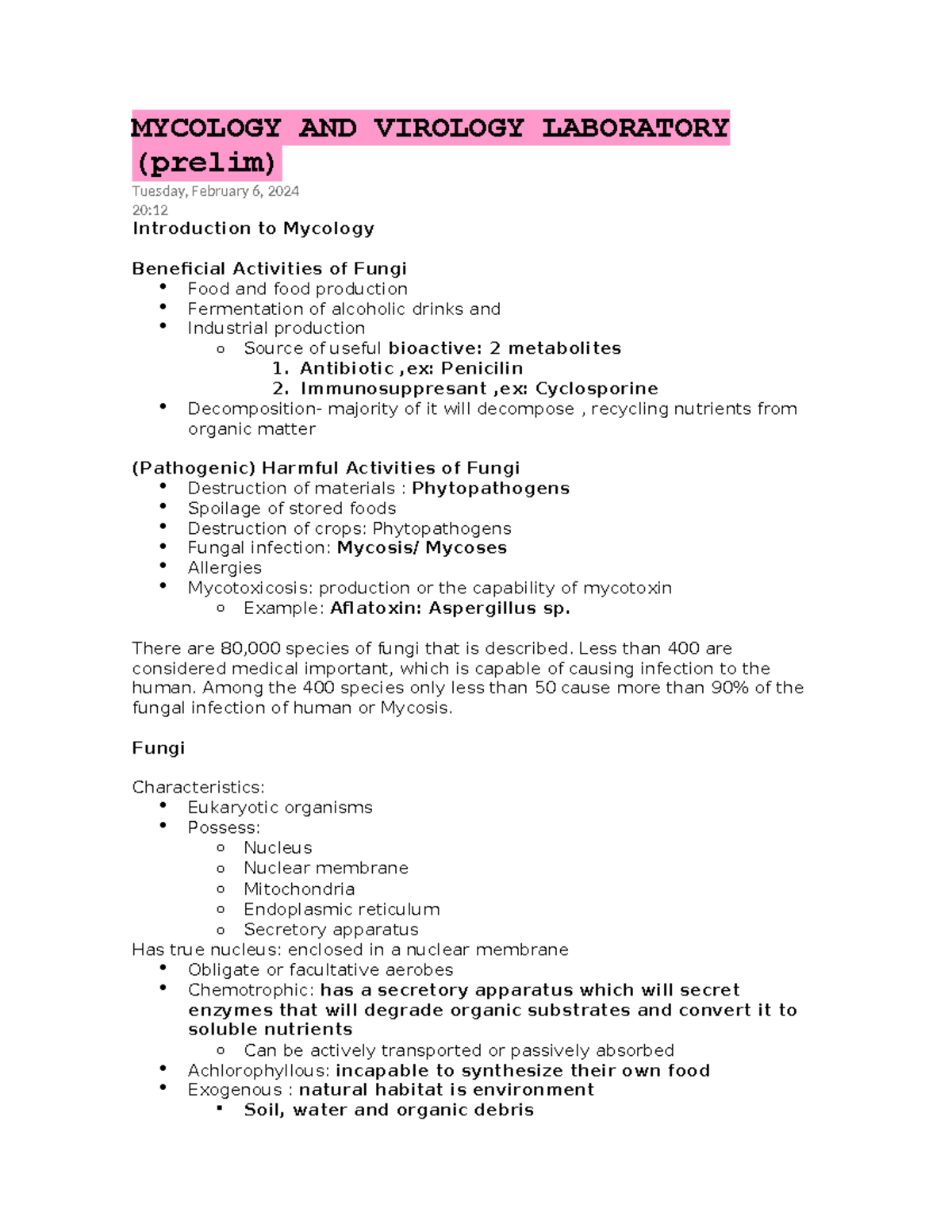 Mycology AND Virology Laboratory (prelim) - MYCOLOGY AND VIROLOGY LABORATORY (prelim) Tuesday ...