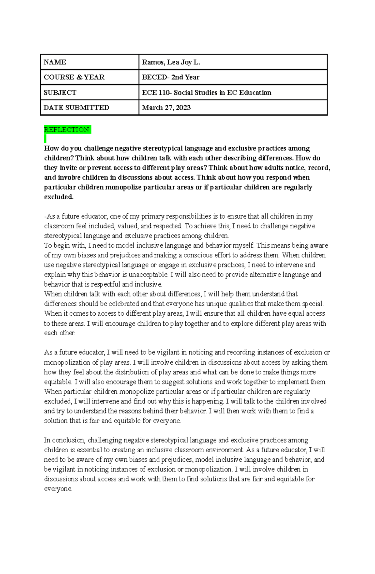 ECE 110- Midterm 1 - For Early childhood education - NAME Ramos, Lea ...