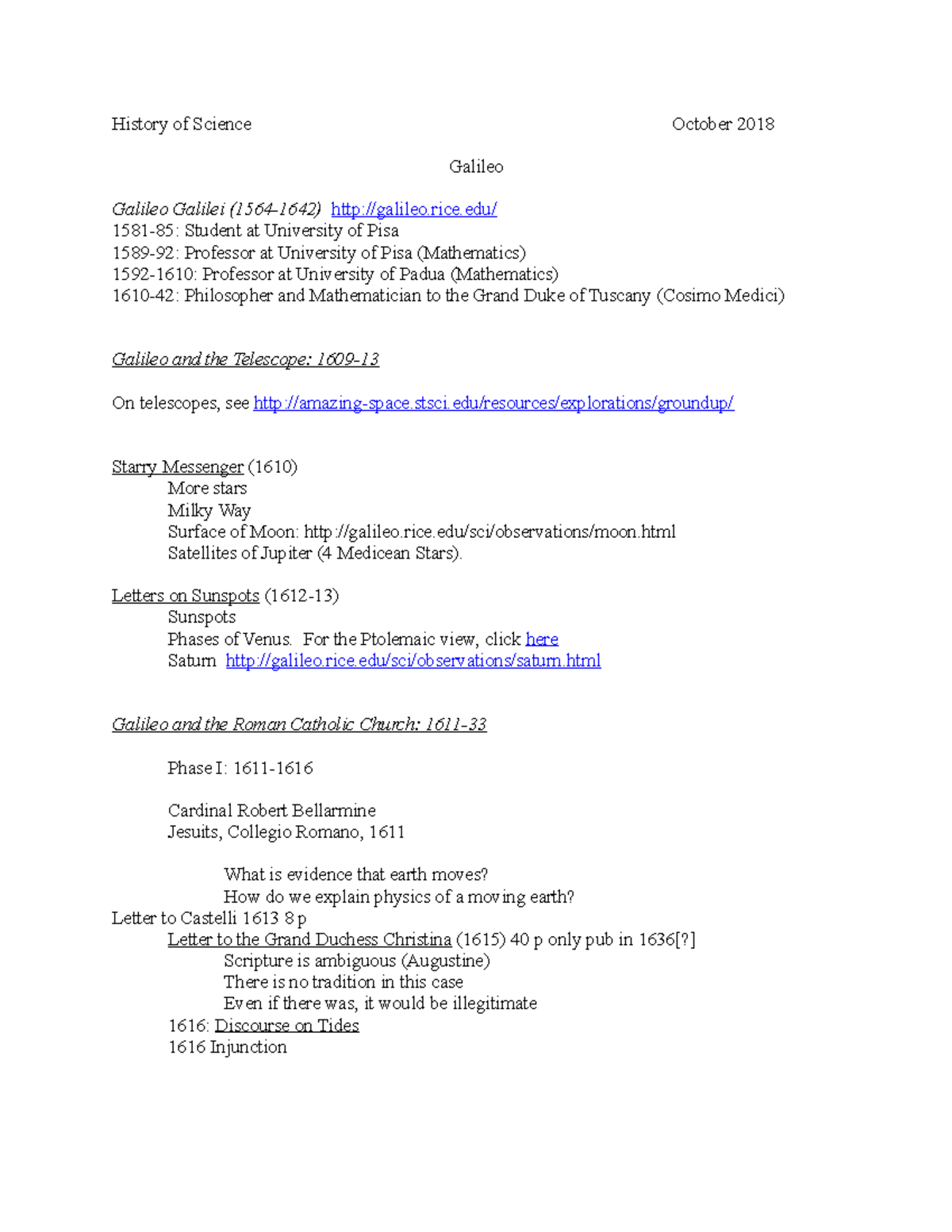 Galileoho - REVIEW NOTES Galileo - History of Science October 2018 ...