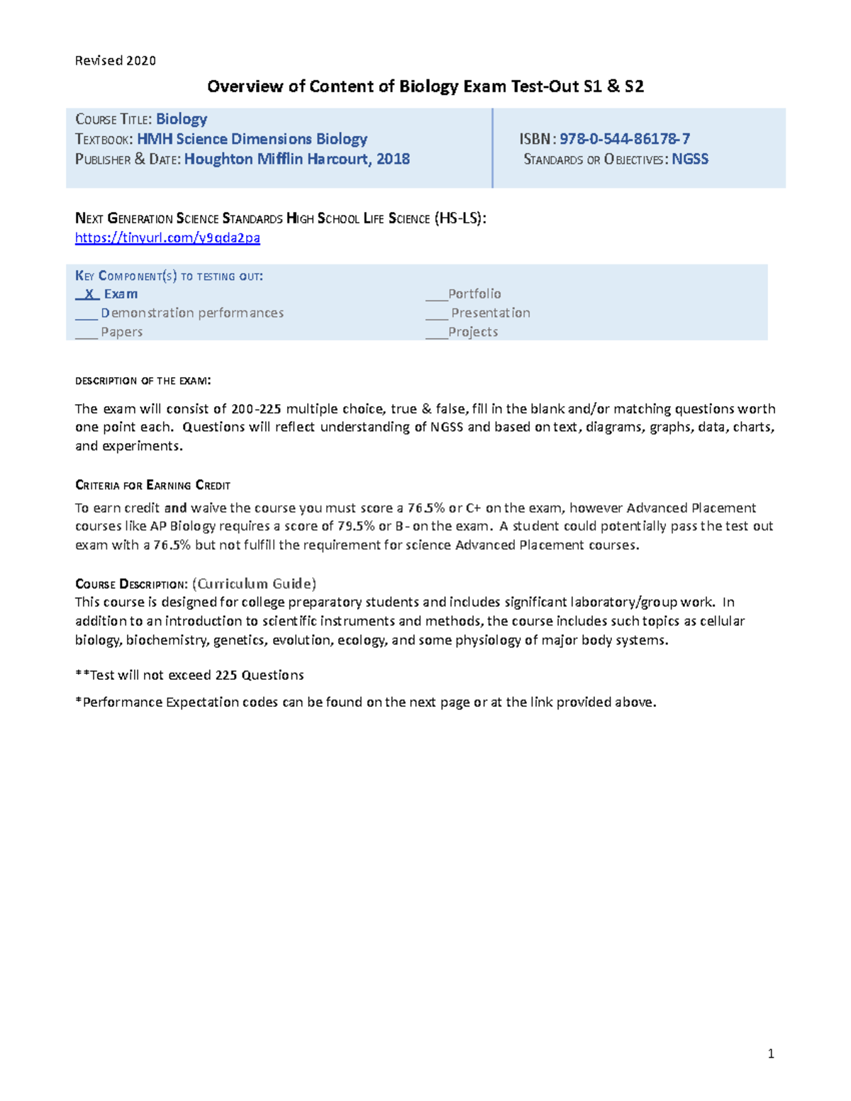 Biology Syllabus - Overview of Content of Biology Exam Test-Out S1 & S ...