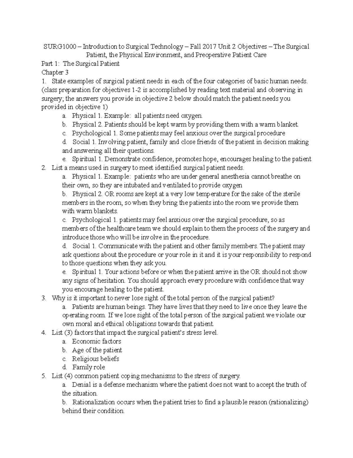 SURG 1000 Unit 2 Objectives 1-9 - SURG1000 – Introduction to Surgical ...