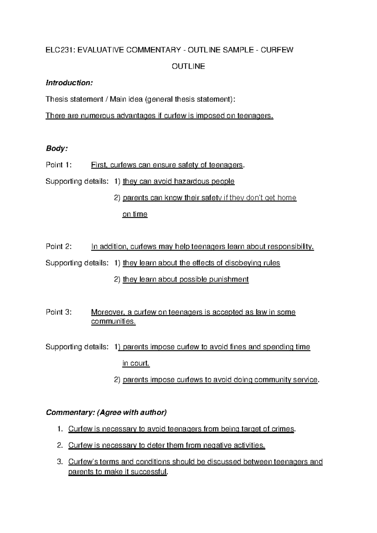ELC231 EC Outline Curfew - ELC231: EVALUATIVE COMMENTARY - OUTLINE SAMPLE - CURFEW OUTLINE - Studocu