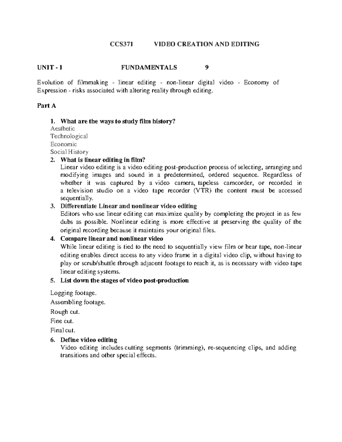 CCS371-Video Creation and Editing - CCS371 VIDEO CREATION AND EDITING UNIT - I FUNDAMENTALS 9 ...