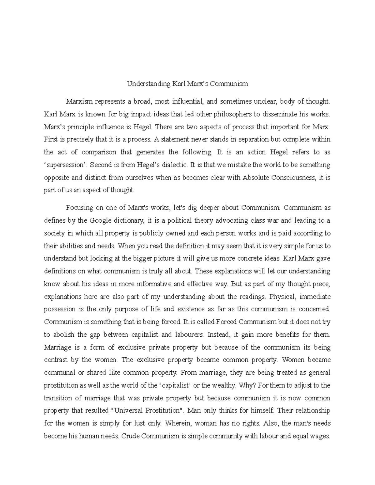 Thought Piece - Grade: 2 - Understanding Karl Marx’s Communism Marxism ...