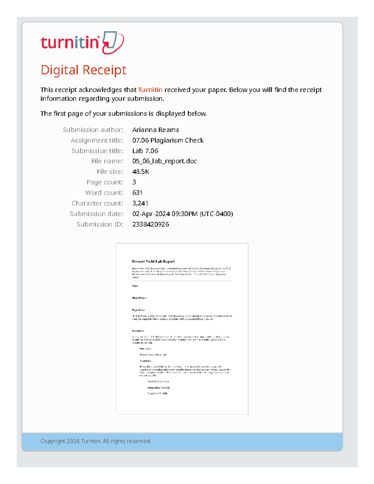 Receipt Lab 7.06 2 - Submission author: Assignment title: Submission ...