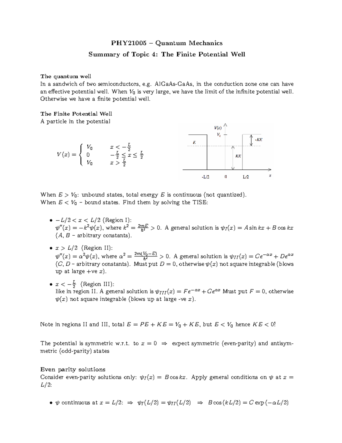 Phy250 summary topic 4 - PHY21005 – Quantum Mechanics Summary of Topic ...