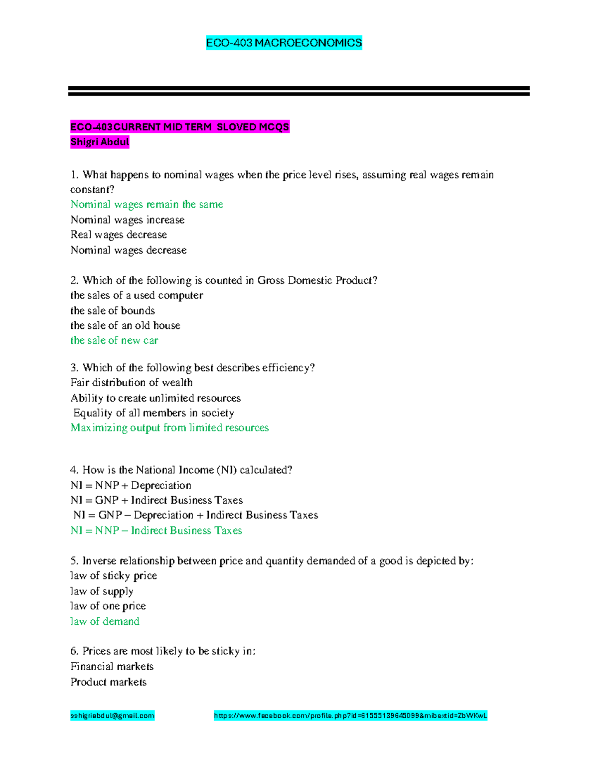 ECO-403 Macroeconomics Current Solved MCQs - ECO-403 MACROECONOMICS sshigriabdul@gmail - Studocu
