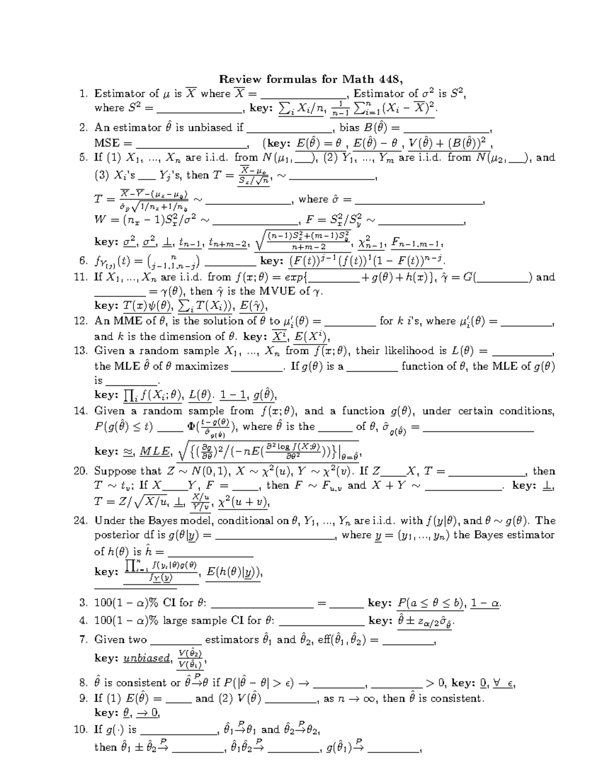 Formulas for Math 448 - Cheat sheet - Review formulas for Math 448, Estimator ofμisXwhereX ...