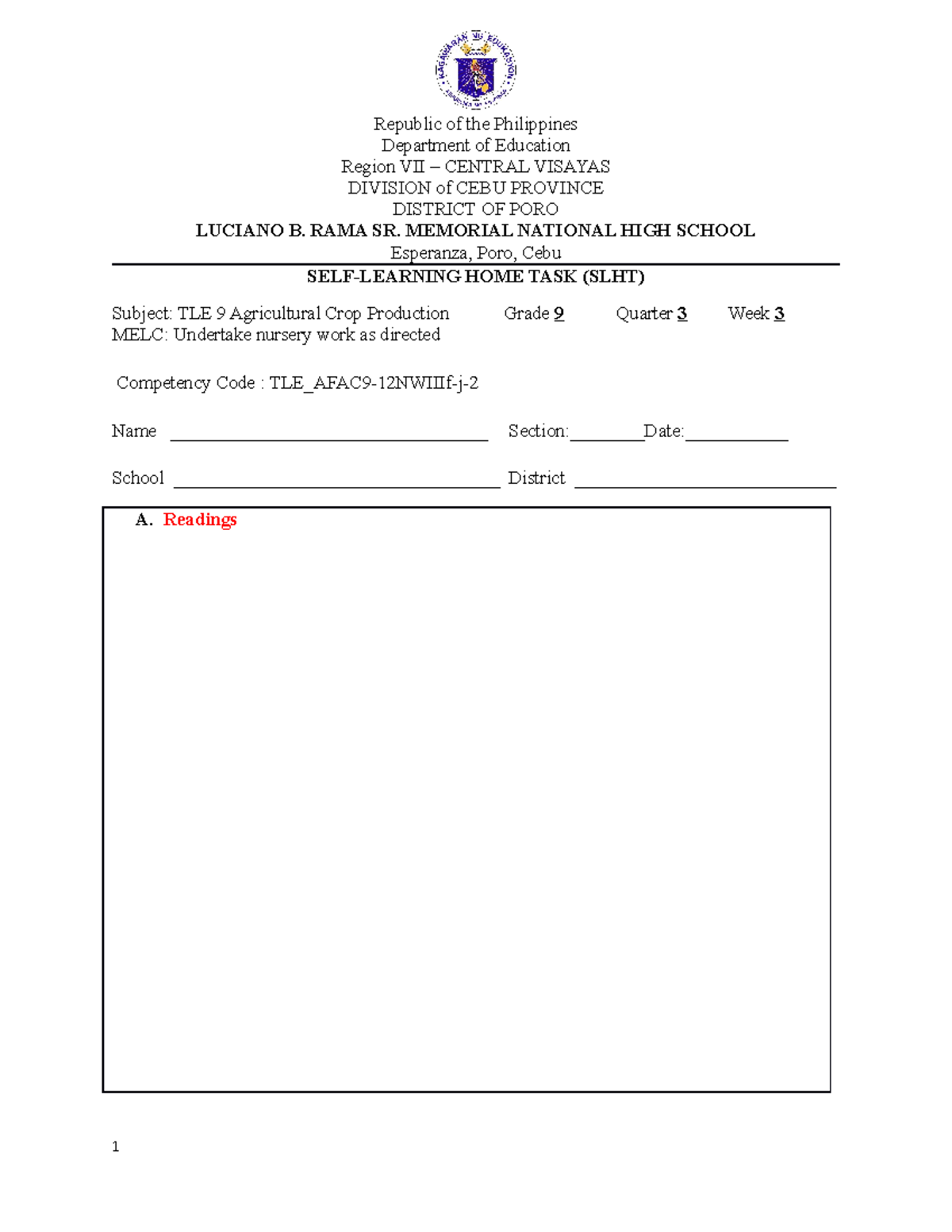 Agricrop 9-W3-PORO- Lbrsmnhs - Republic of the Philippines Department ...