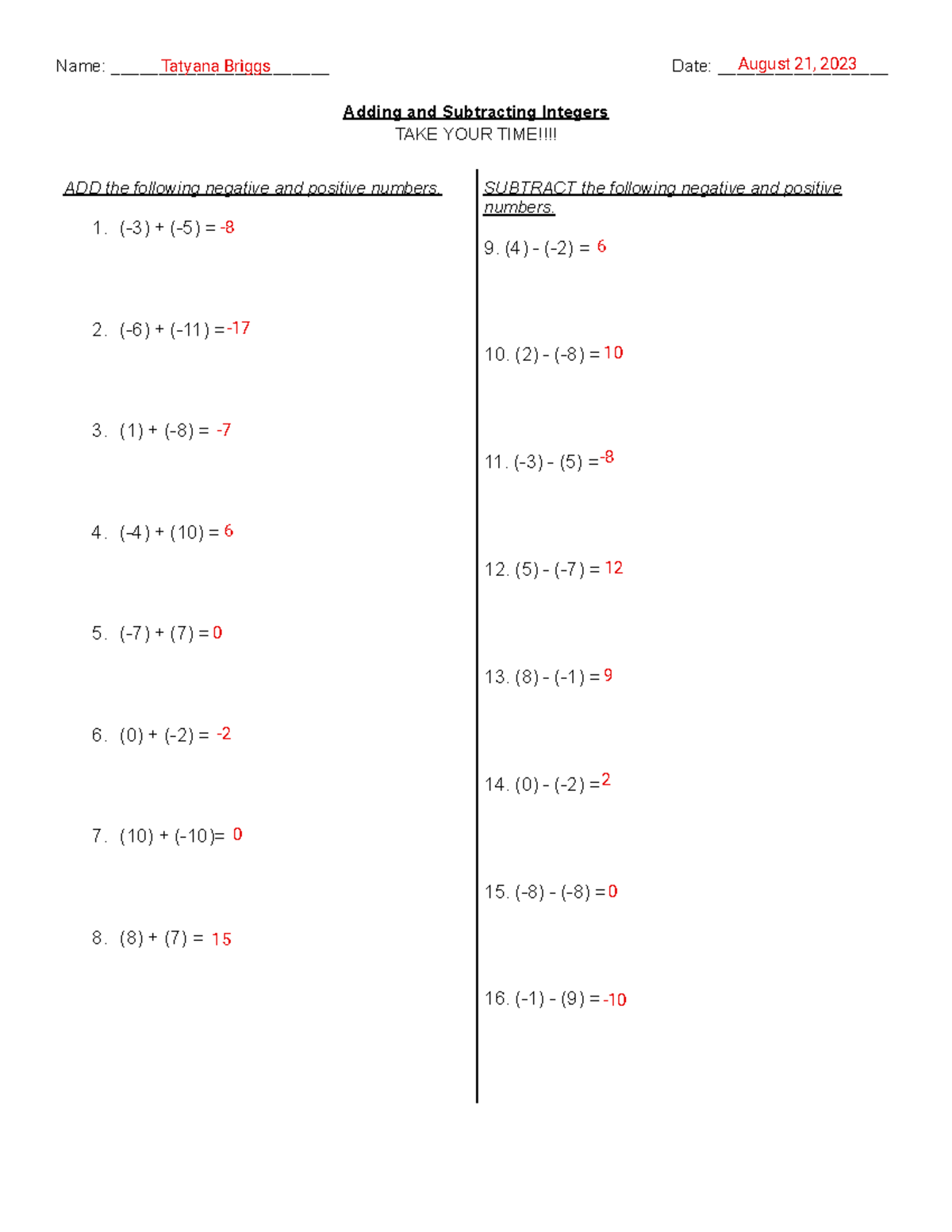Adding Subtracting Integers - Name: _______________________ Date ...