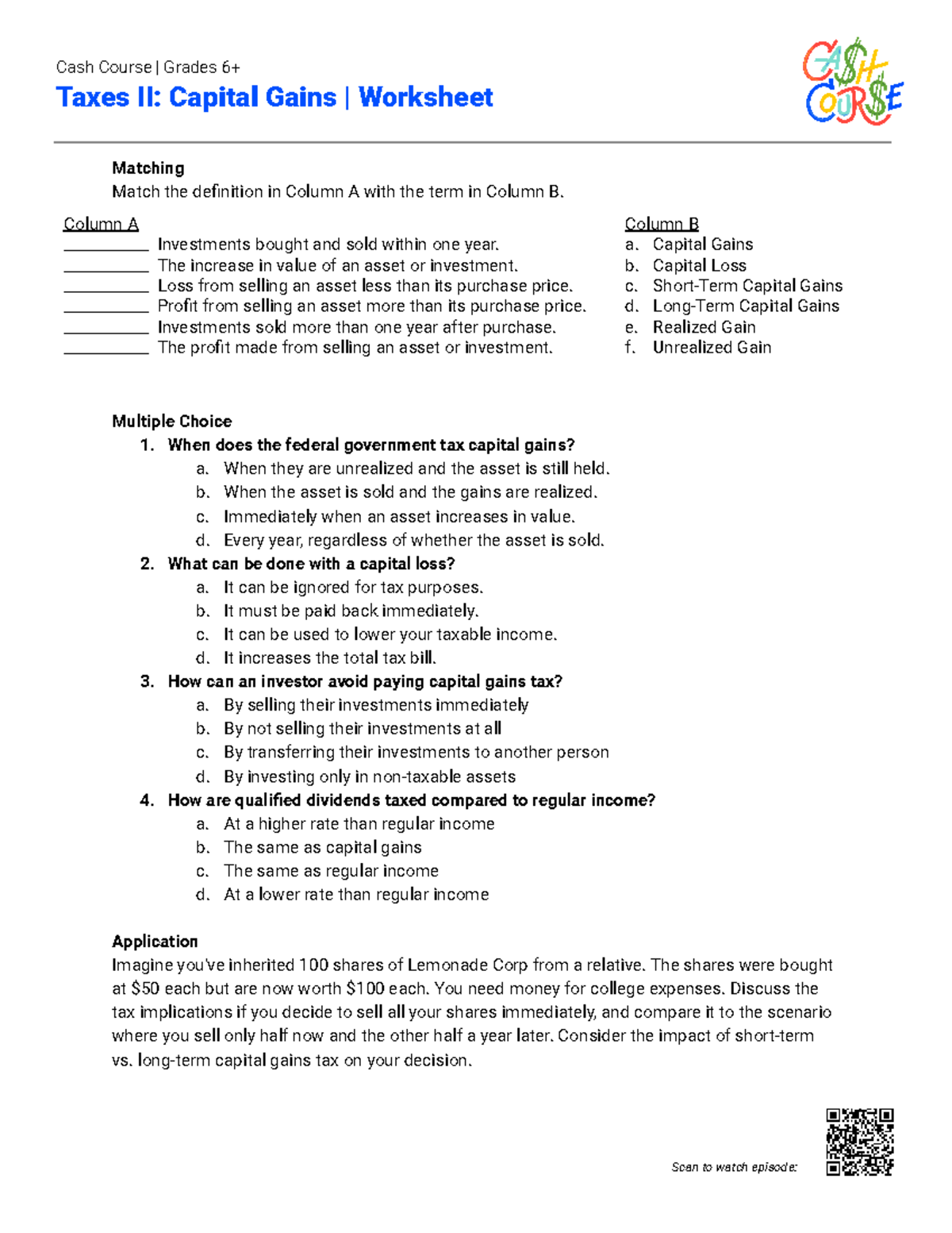 Taxes II Capital Gains Worksheet - Cash Course | Grades 6+ Taxes II ...