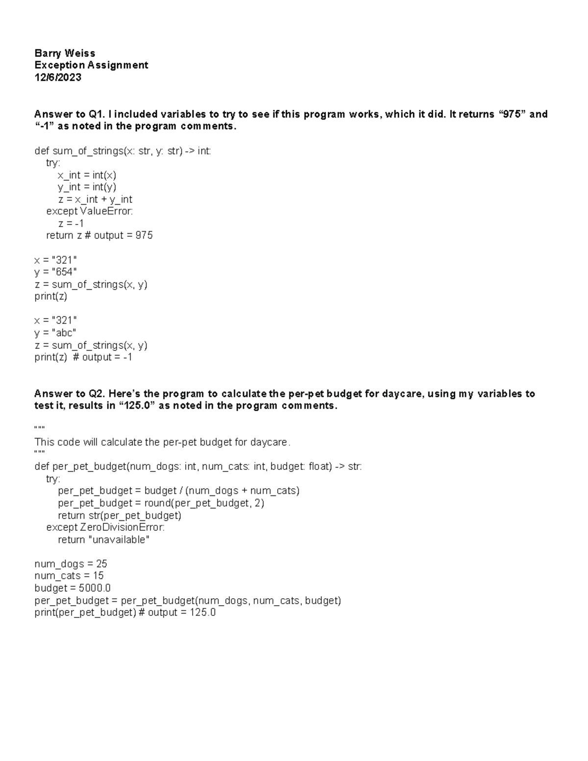 Exception Code Barry Weiss Exception Assignment 126 Answer To Q1 I Included Variables To 