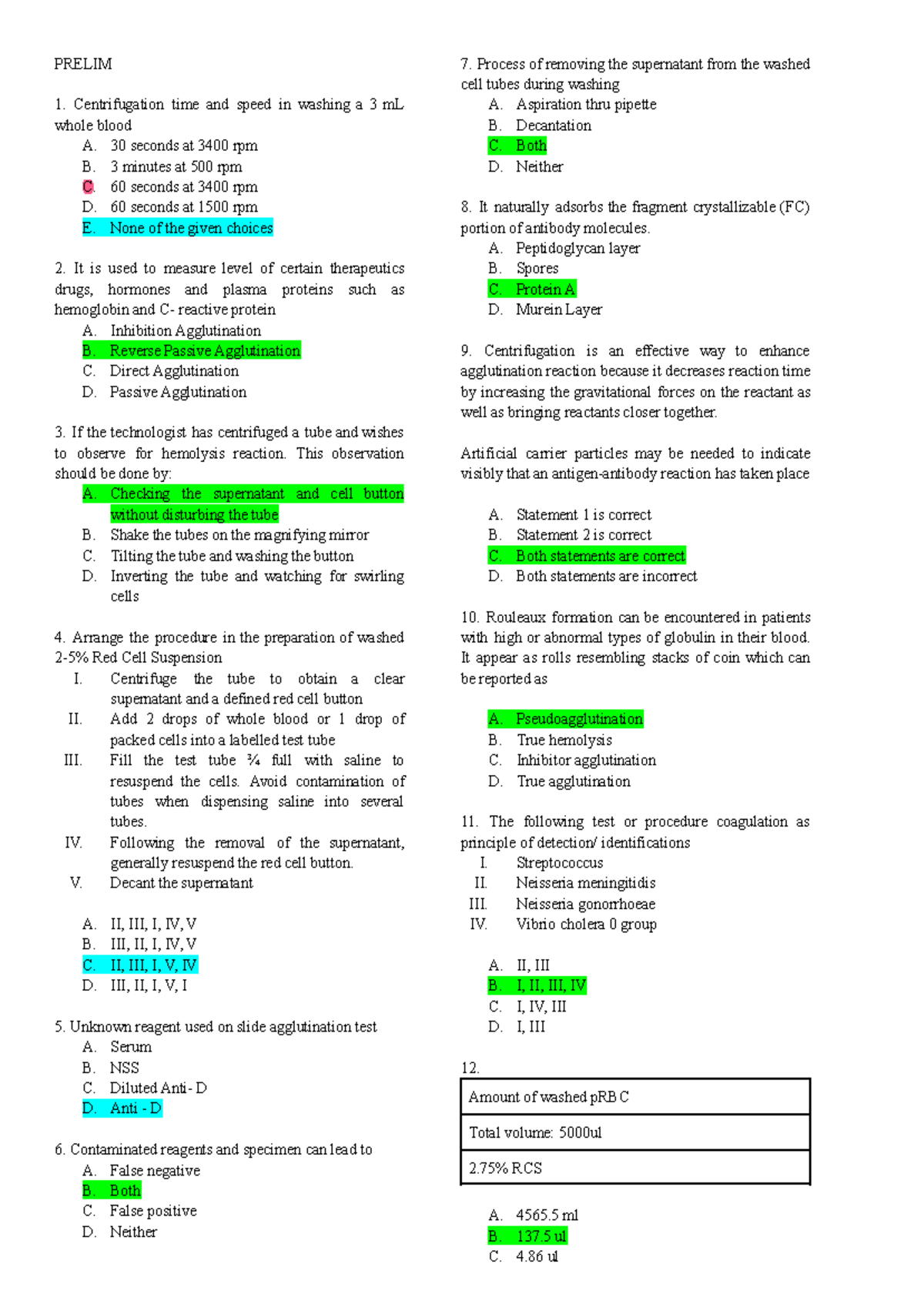 Immunohematology Laboratory - PRELIM 1. Centrifugation time and speed ...