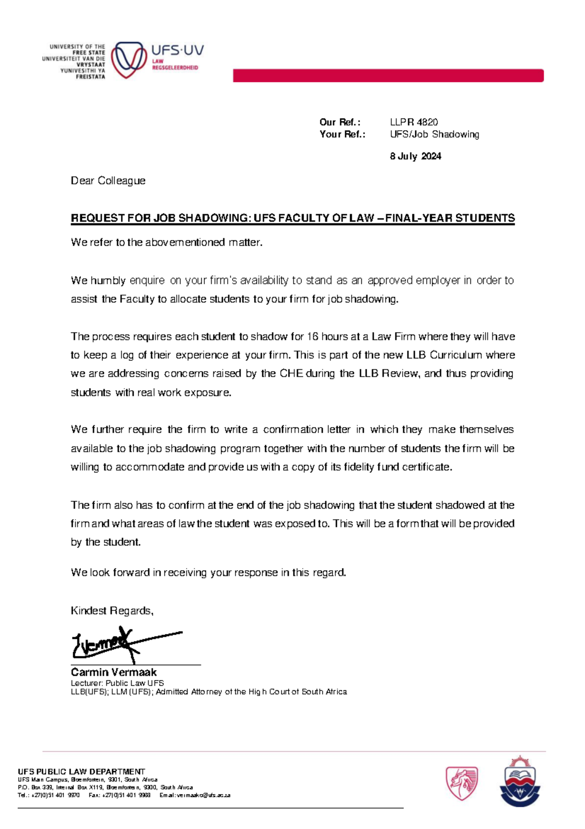 Letter to Law Firms Requesting Assistance - UFS PUBLIC LAW DEPARTMENT ...