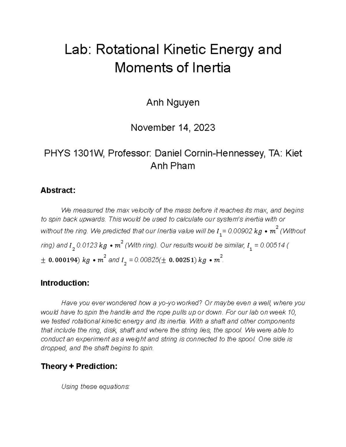 Lab Rotational Kinetic Energy and Moments of Inertia - Lab: Rotational ...
