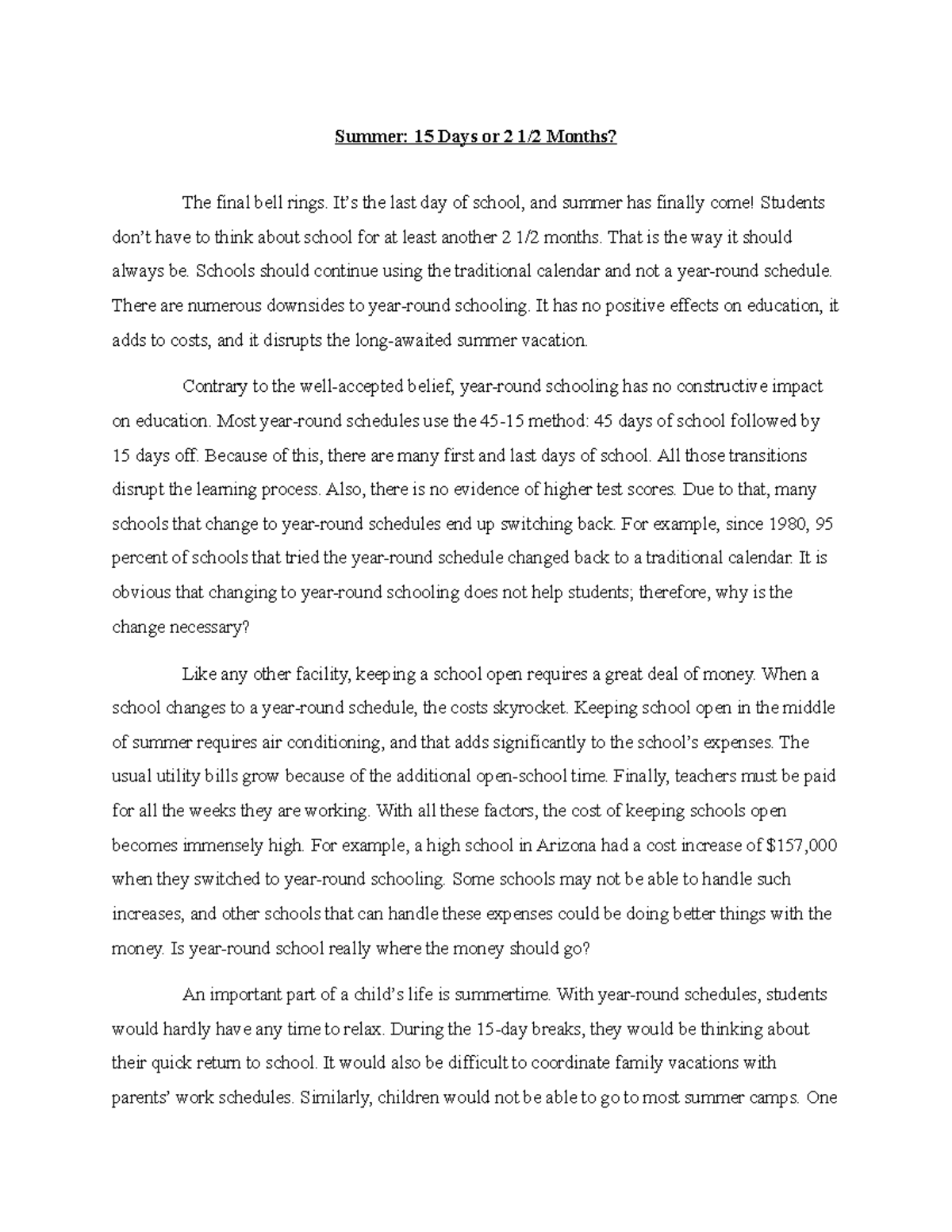 Persuasive Writing Example - Summer: 15 Days or 2 1/2 Months? The final ...