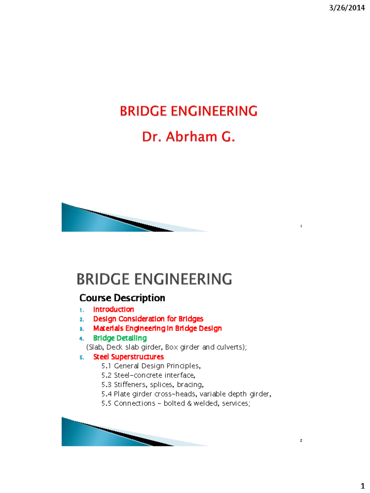 Bridge Engineering - 1 Course Description Introduction Design ...