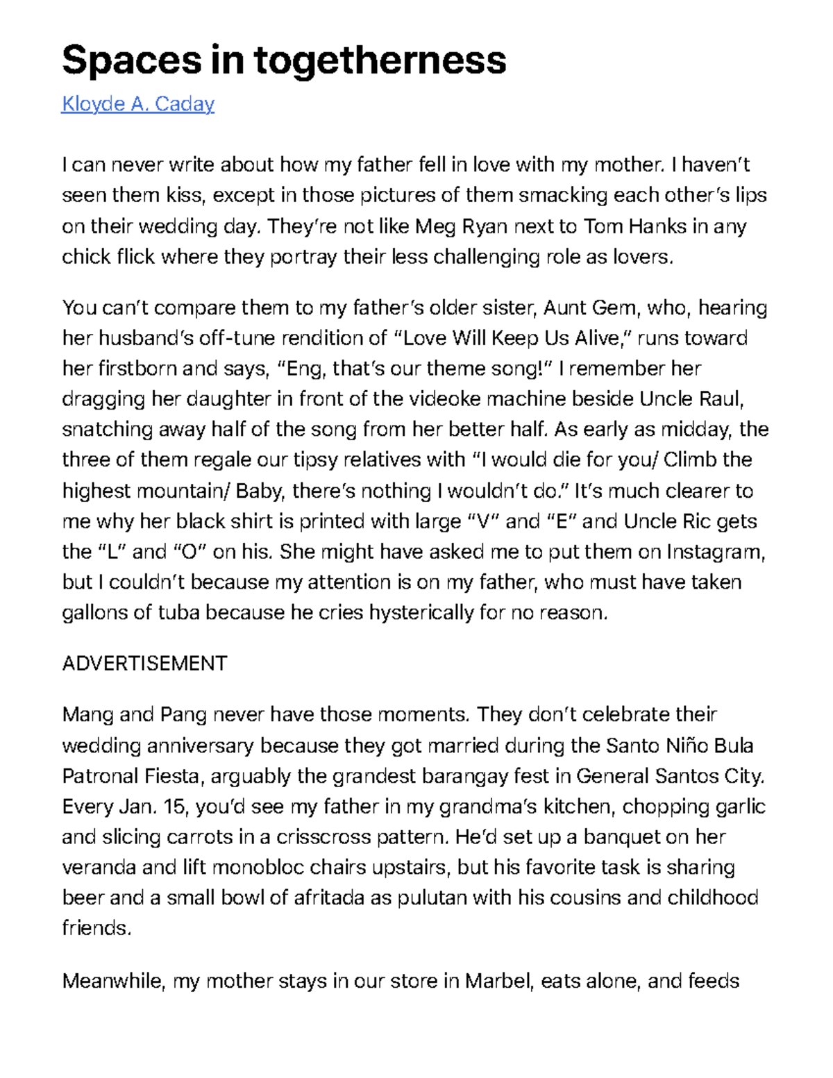 Spaces in Togetherness - Spaces in togetherness Kloyde A. Caday I can ...