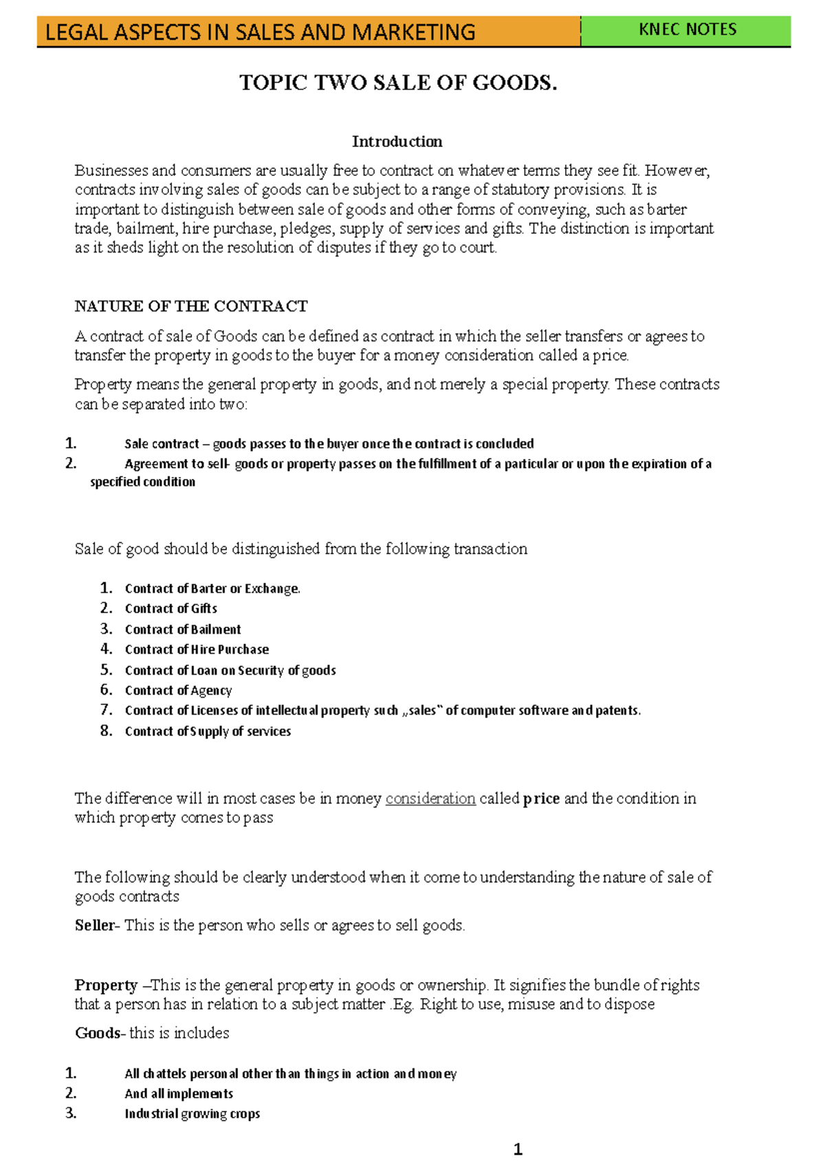 Sales of goods - TOPIC TWO SALE OF GOODS. Introduction Businesses and ...