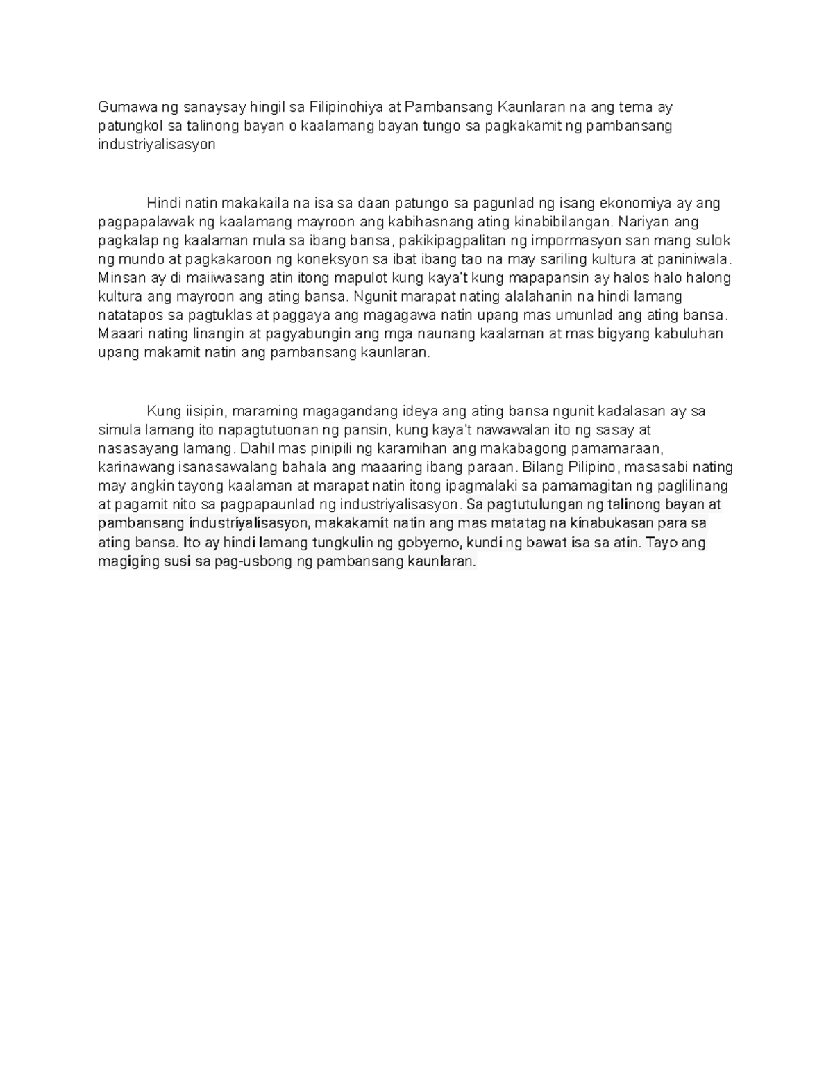 Gumawa ng sanaysay hingil sa Filipinohiya at Pambansang Kaunlaran na ...