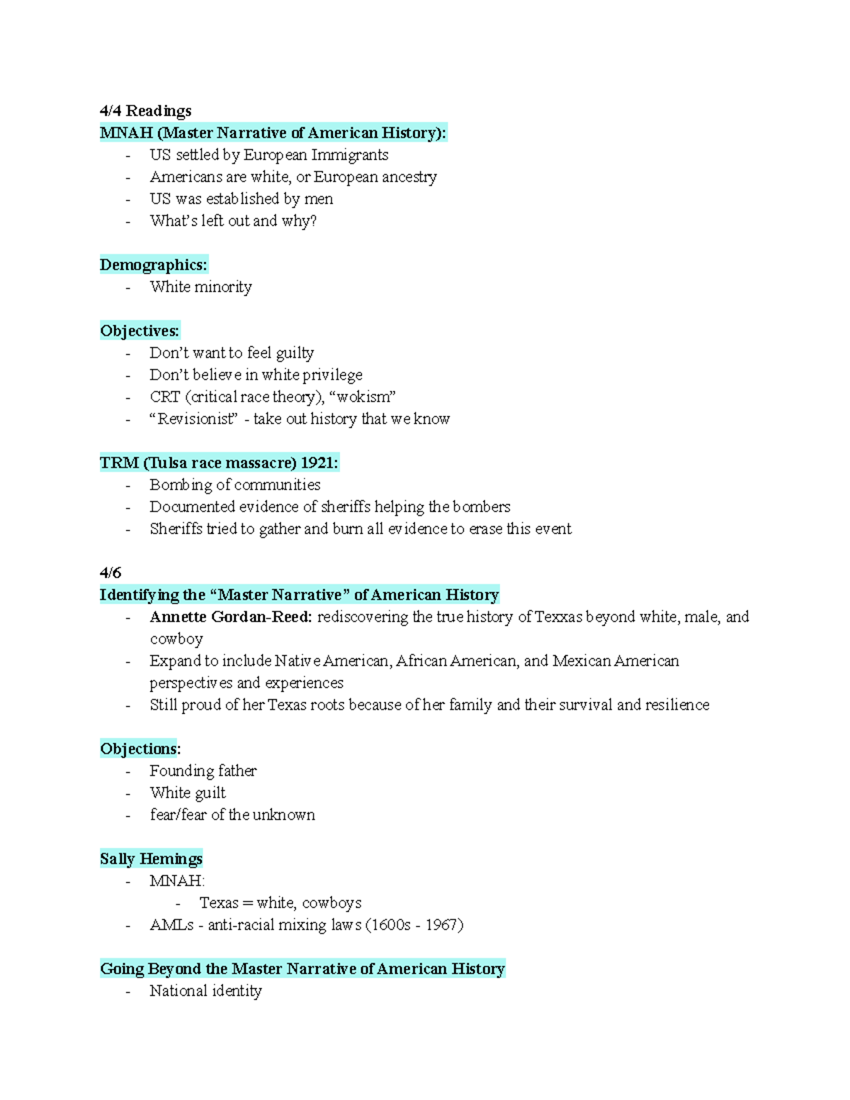 Hist 206 week 1 - notes - 4/4 Readings MNAH (Master Narrative of ...