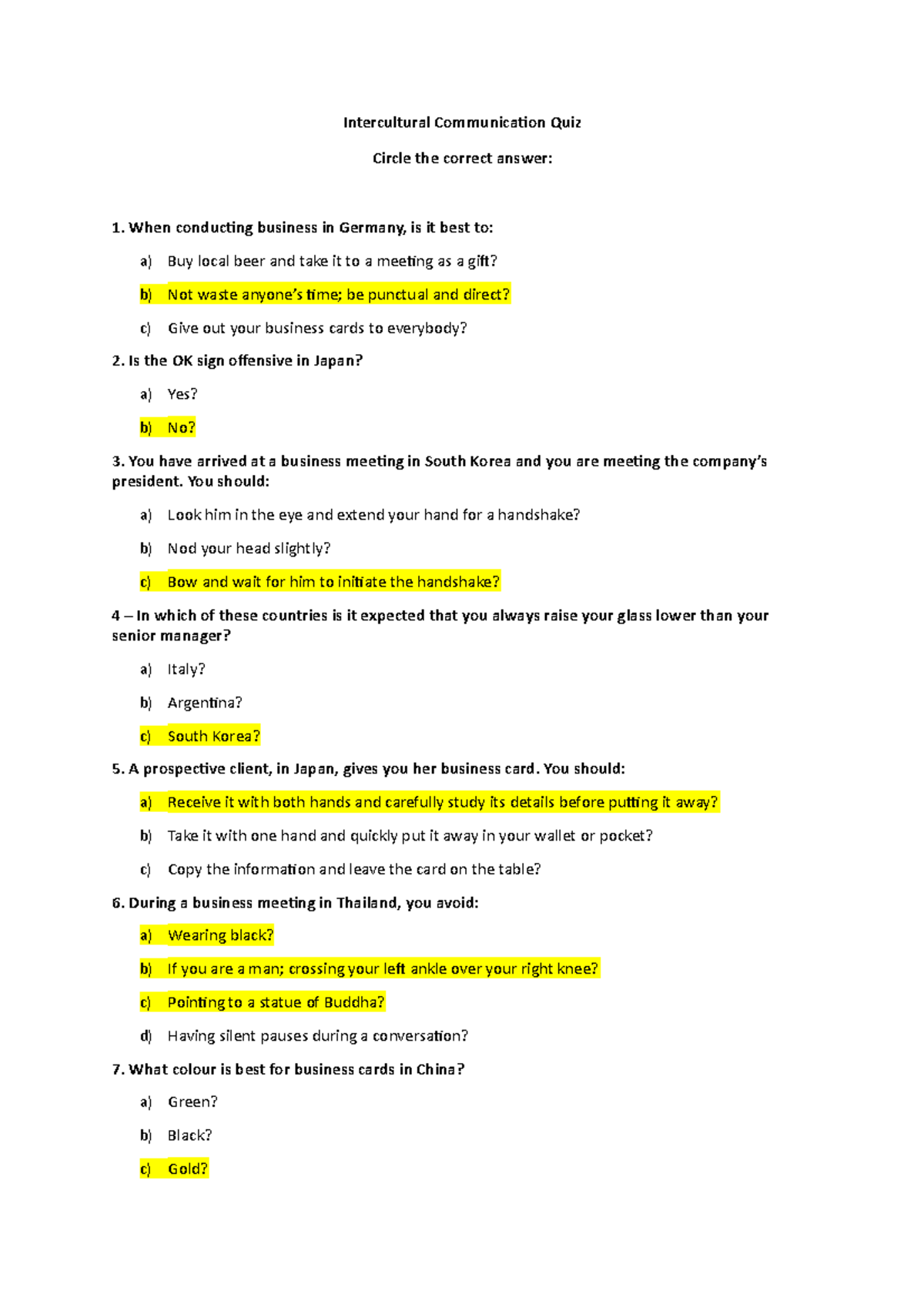 Intercultural Communication Quiz Awnsers - Intercultural Communication ...