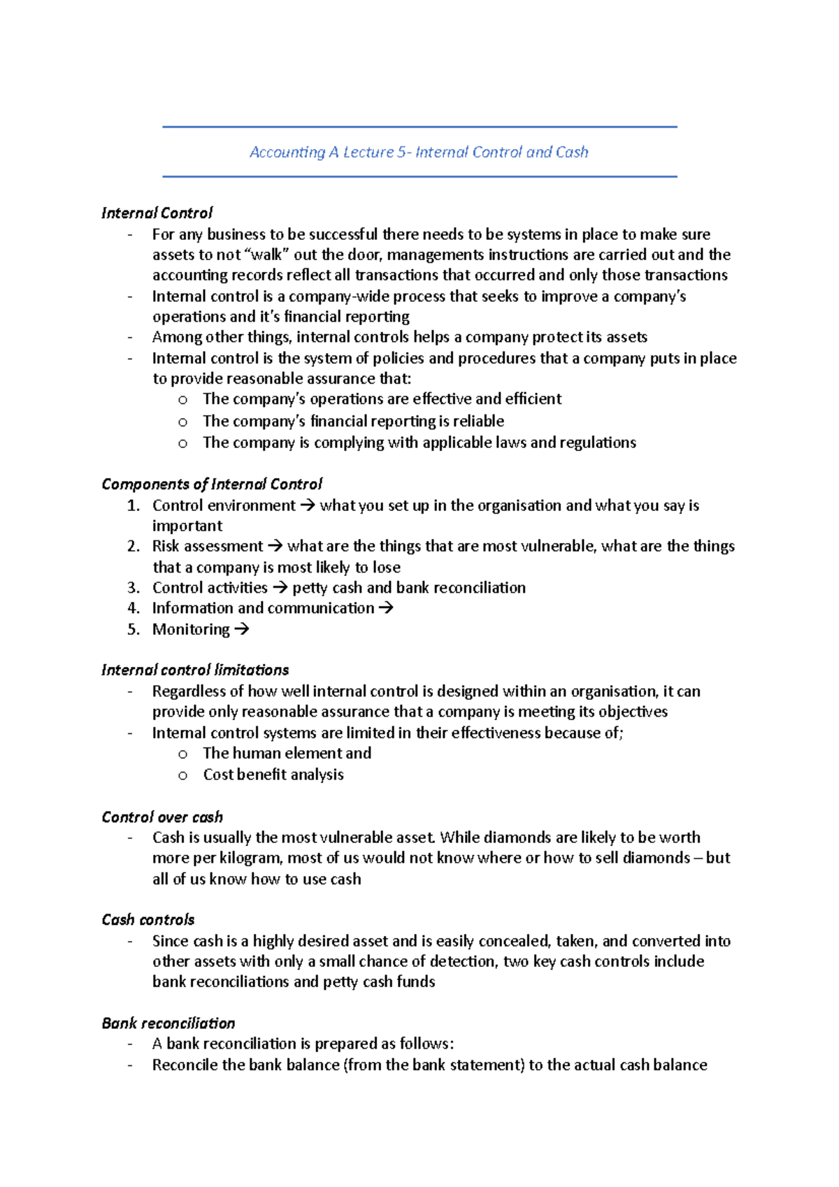 Accounting A Lecture 5 - Control environment what you set up in the ...