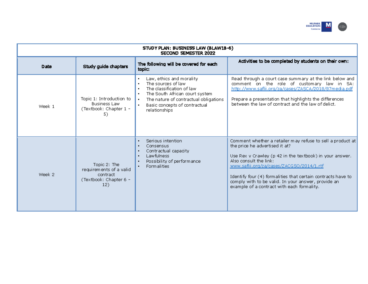 BLAW1B-6 Study Plan S2 2022 DL - STUDY PLAN: BUSINESS LAW (BLAW1B- 6 ...