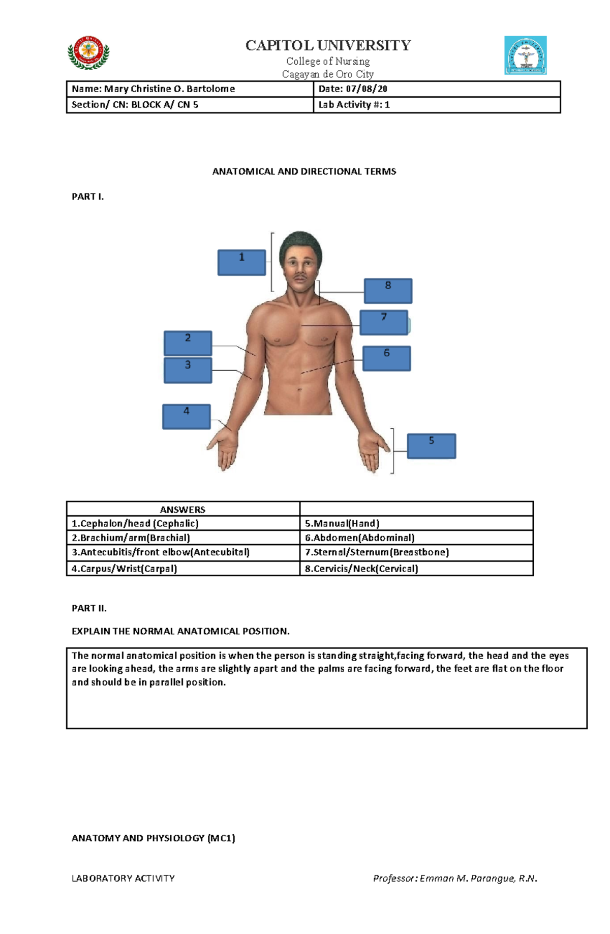 Lab Activity #1 Anatomical and Directional Terms - CAPITOL UNIVERSITY ...
