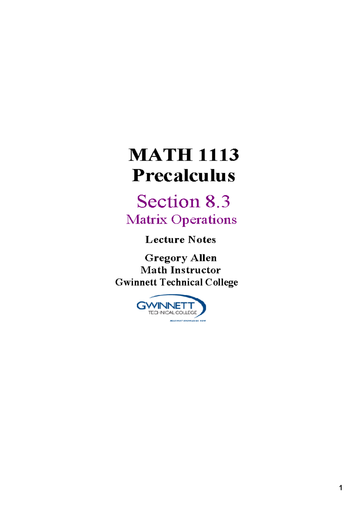 MATH1113 lecture ch. 8.3 - Matrix Operations (blank) - Precalculus ...